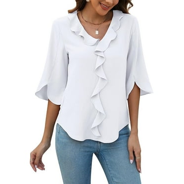 ECZHAW Womens Tops Summer Short Sleeve V Neck Blouses Business Casual Loose Fit Tshirts Trendy ...