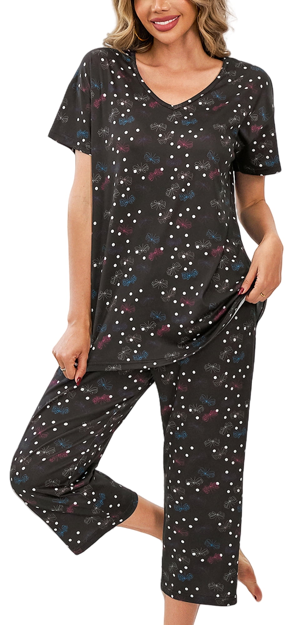 SOMER Womens Pajama Sets Cotton Pj Set Short Sleeve Top With Capri ...