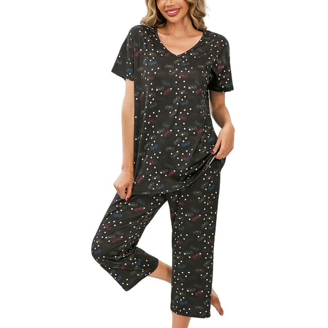 SOMER Womens Pajama Sets Cotton Pj Set Short Sleeve Top With Capri ...