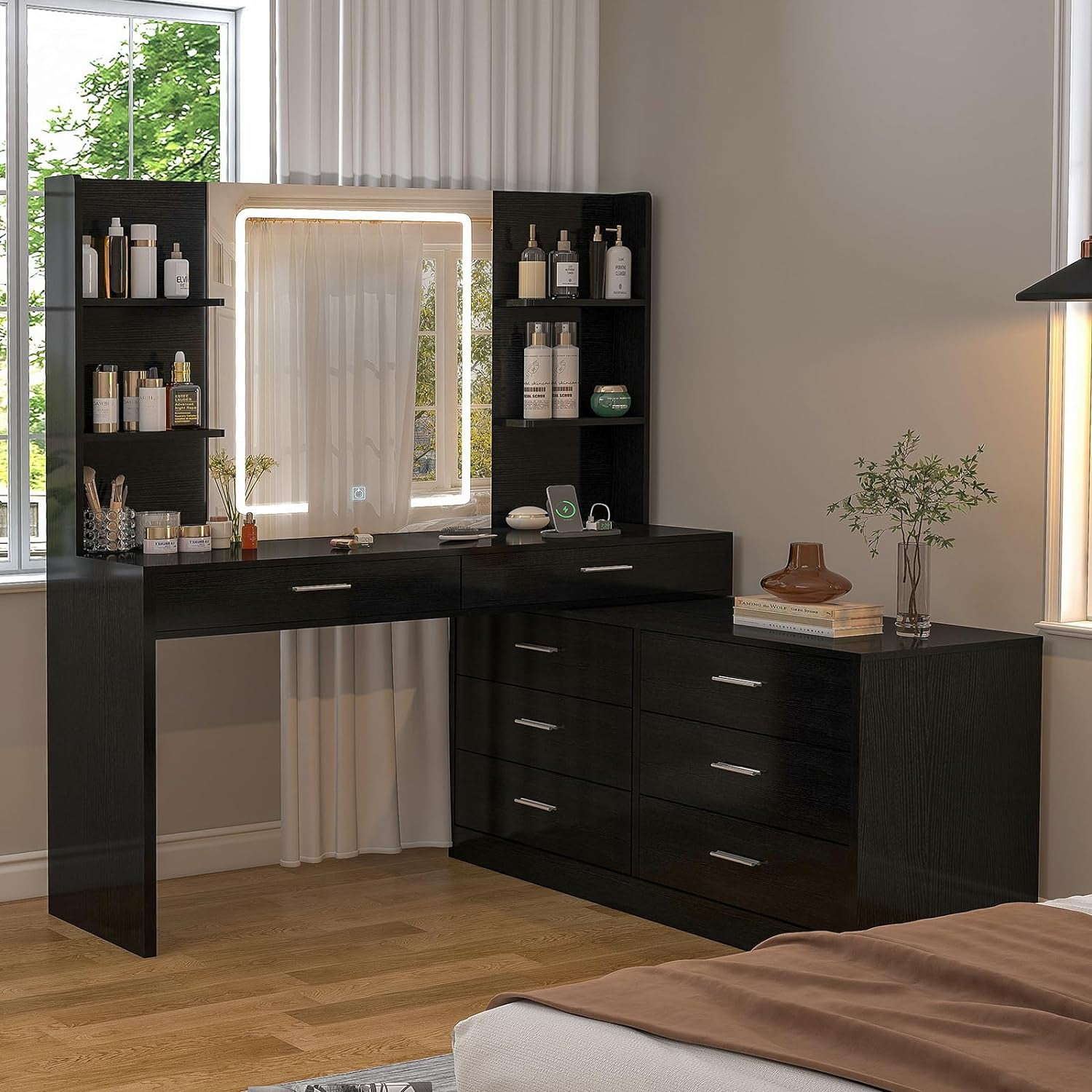 SOMLINE 65.9'' Vanity Desk with LED Lighted Mirror & Power Outlet ...
