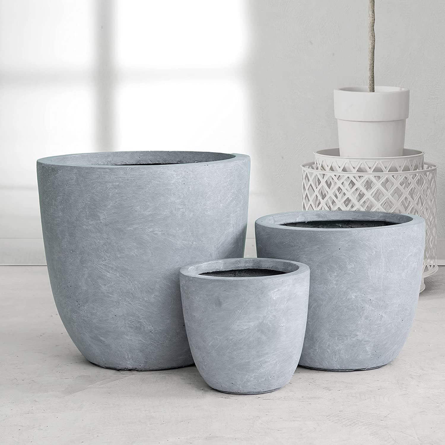 SOMOR 18",14",10" Dia Concrete Round Planters (Set of 3), Outdoor ...