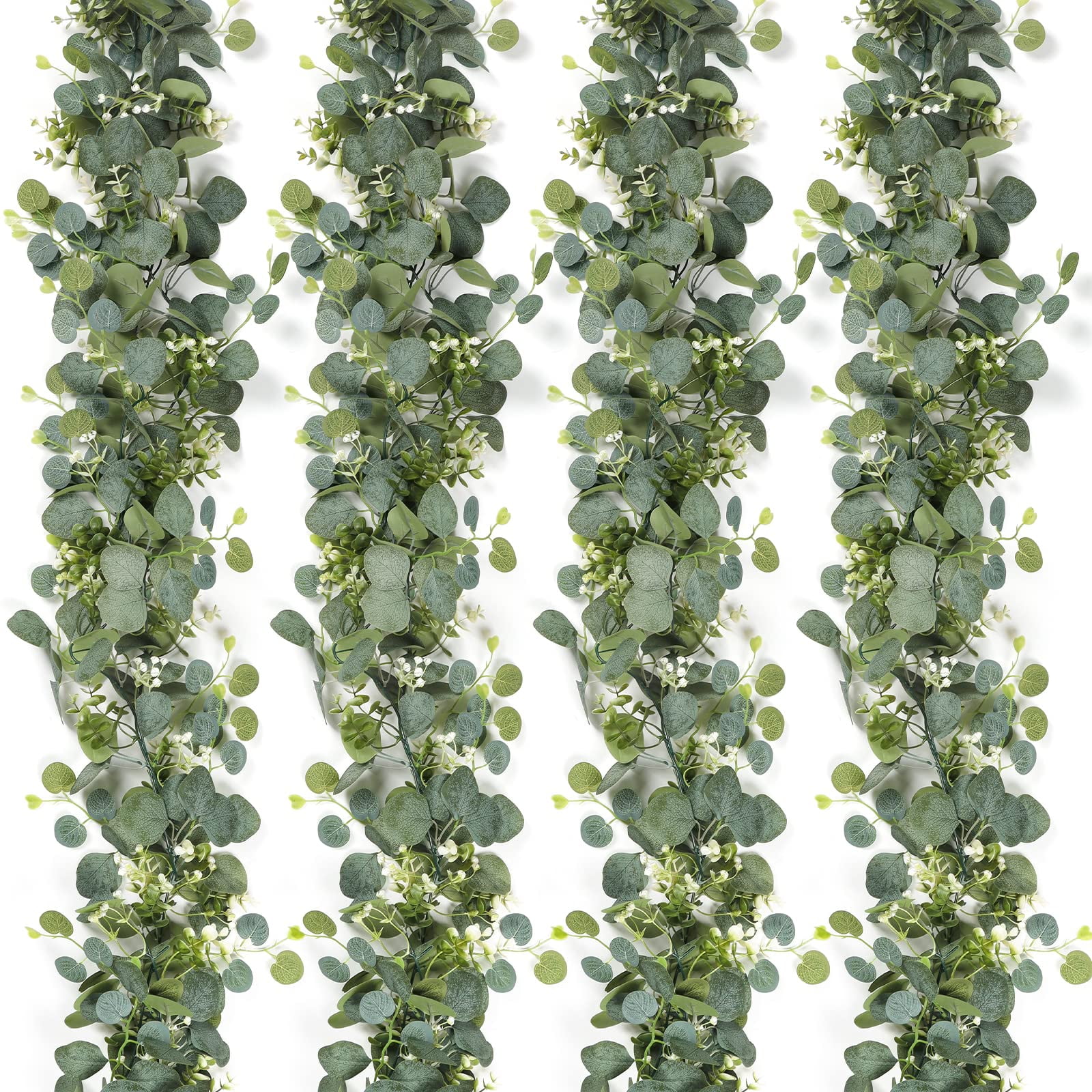 SOMYTING Artificial Eucalyptus Garland with White Flowers 4 Packs 5.9Ft Silver Dollar Eucalyptus ...