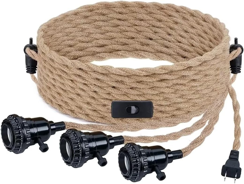 SONGAUN Vintage Twisted Hemp Cord Hanging Light Kit with 3 Sockets ...