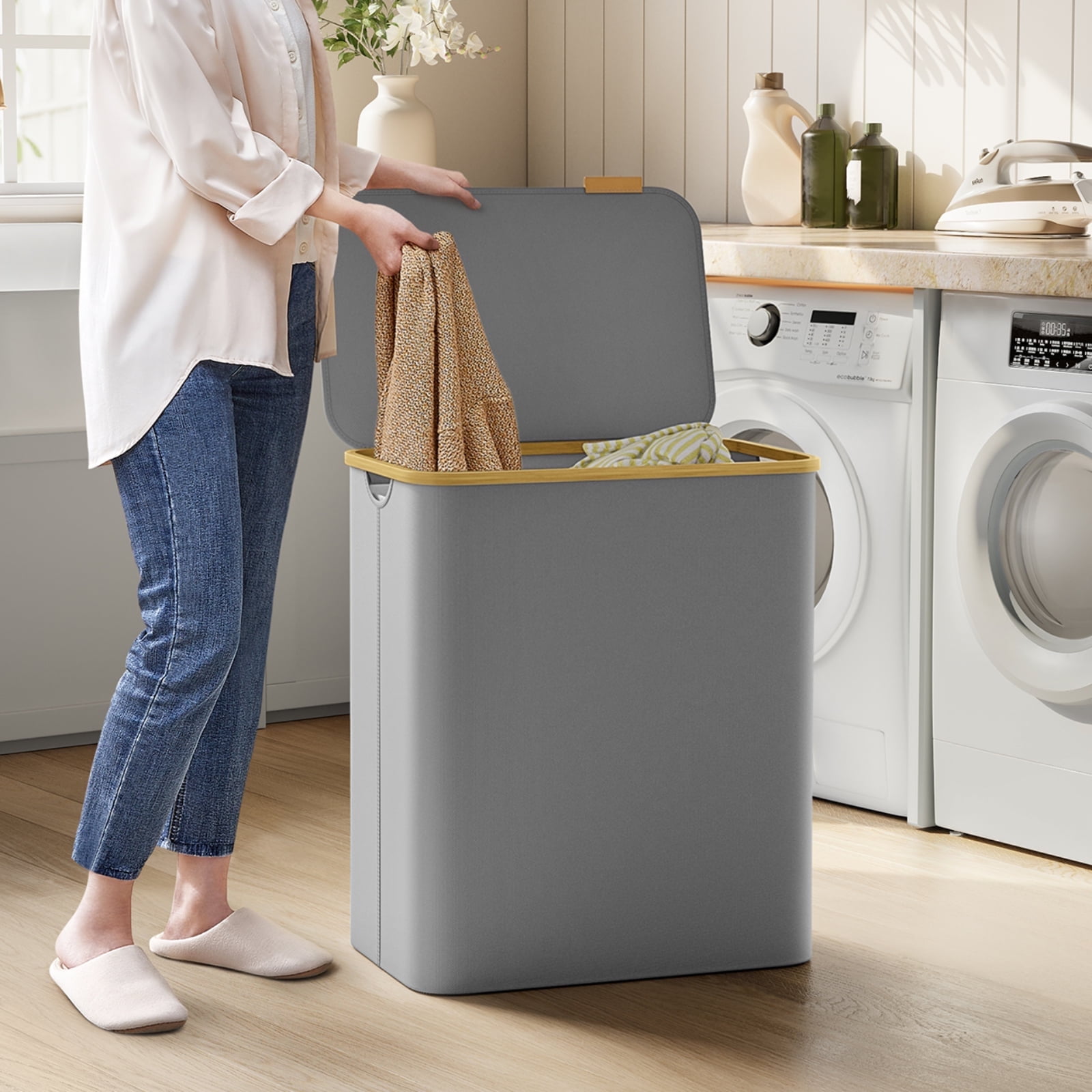 150L Laundry Hamper with Lid 3-Section Large Laundry Basket Removable ...