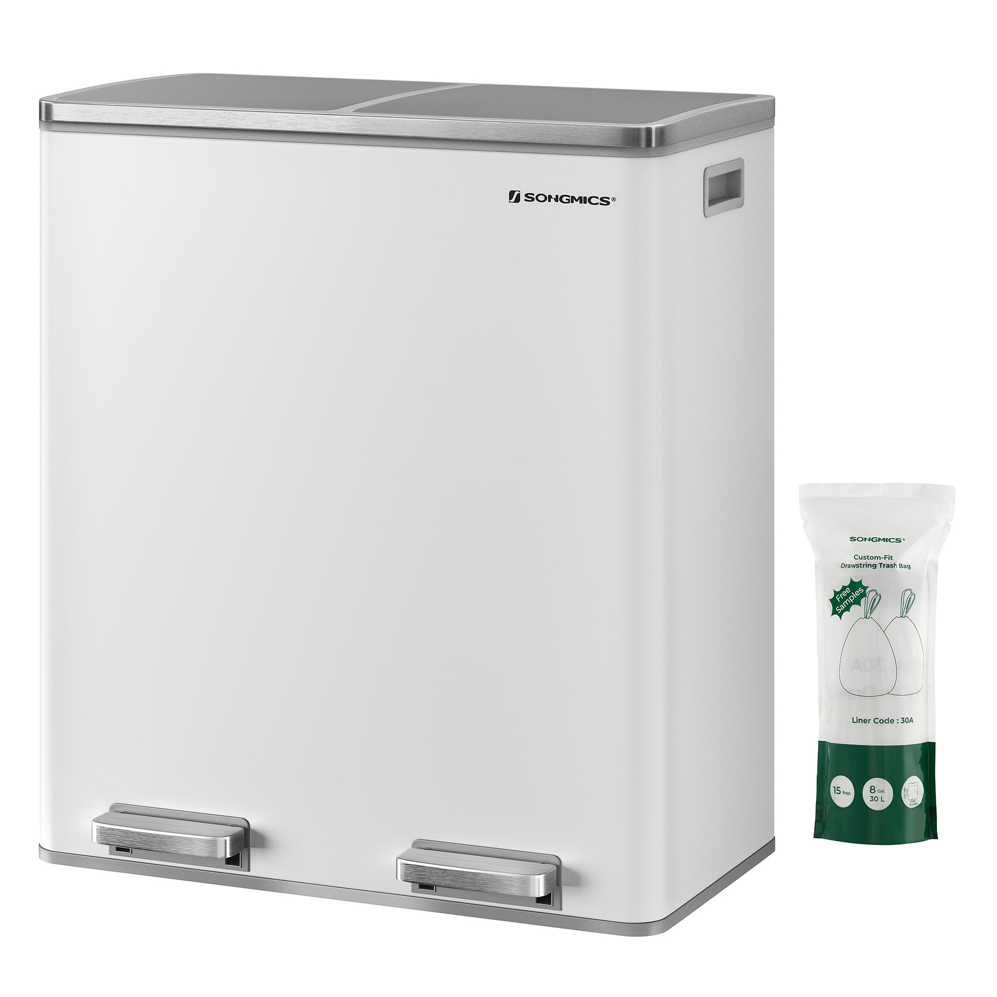 SONGMICS 16 Gal (60L) Dual Step Trash Can, with 15 Trash Bags, Recycle Bin, Pedal Bin, White and ...