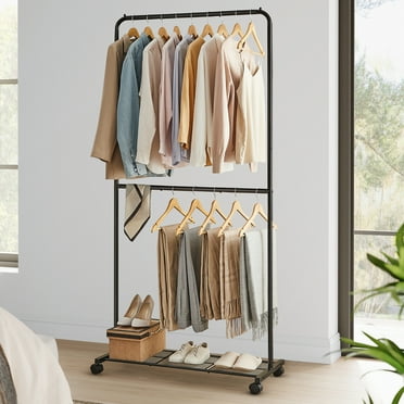 Clothes Rack on Wheels, Rolling Garment Rack with 2-Tier Storage ...