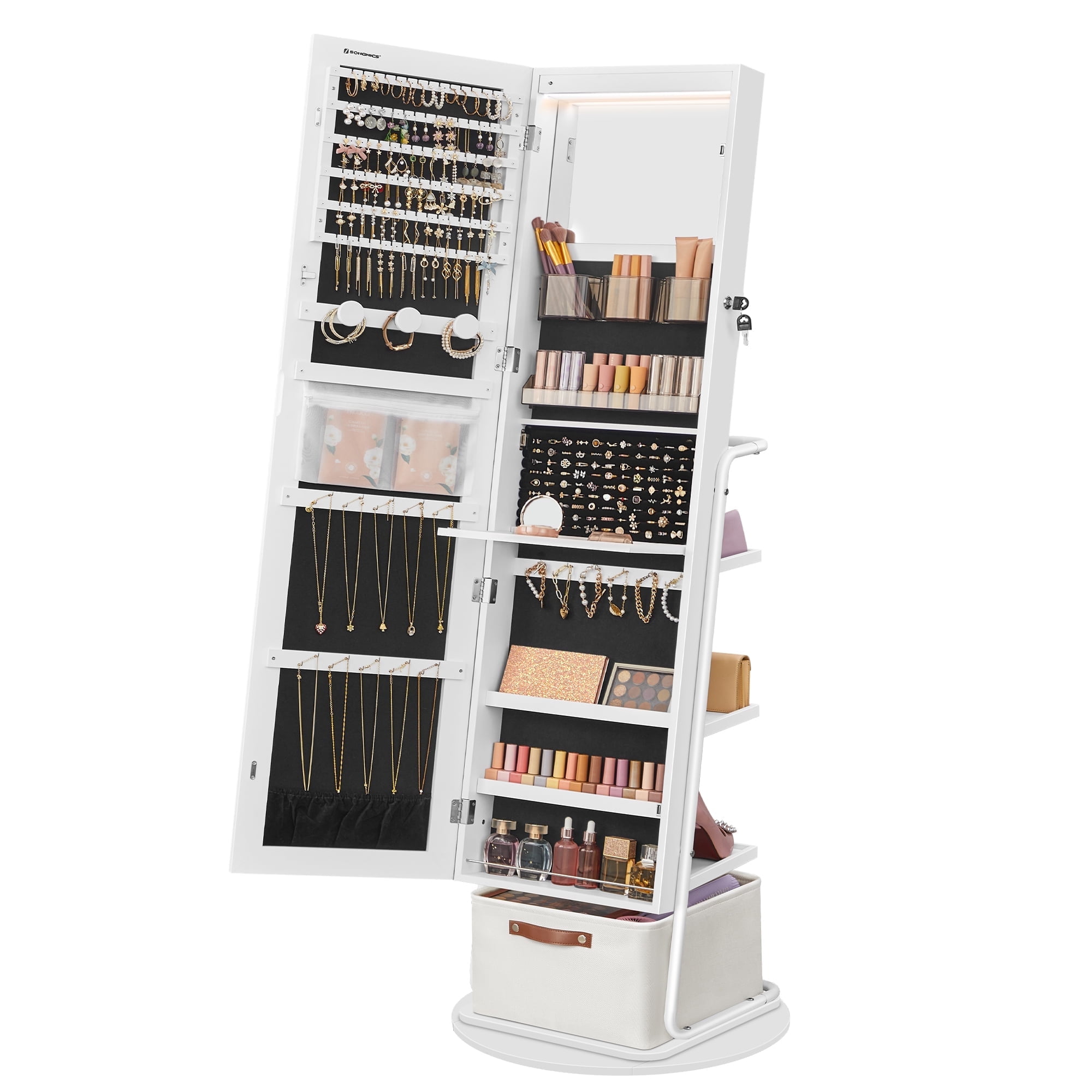 360° Swivel Mirror Jewelry Cabinet with Lights Standing Jewelry Armoire ...