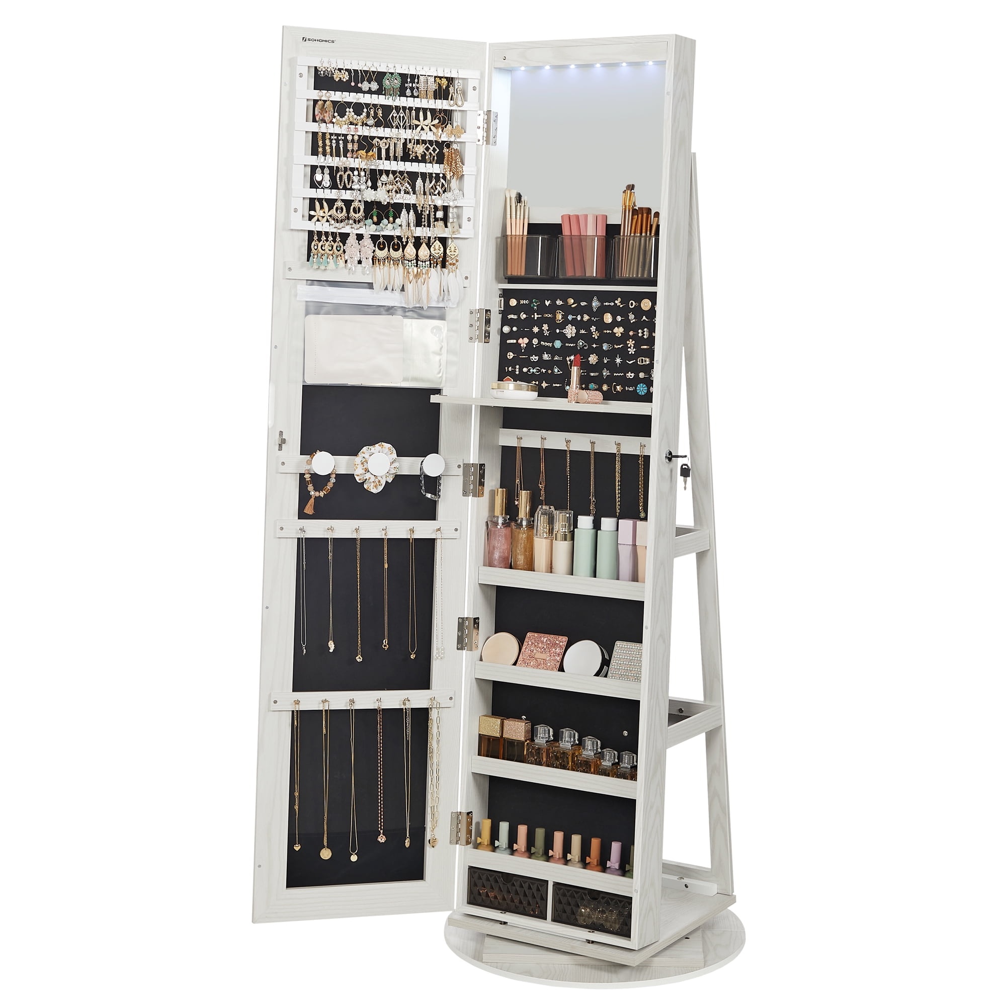 SONGMICS Jewelry Cabinet with 360° Swivel Mirror, 6 LEDs, Full Length ...