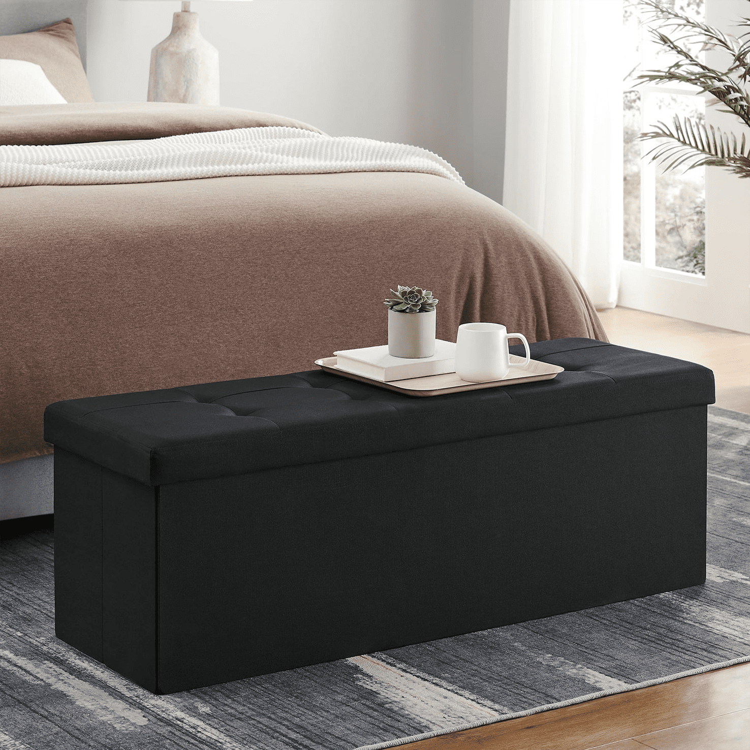 "SONGMICS 43"" Black Foldable Storage Ottoman Bench, Fabric Seat, End ...