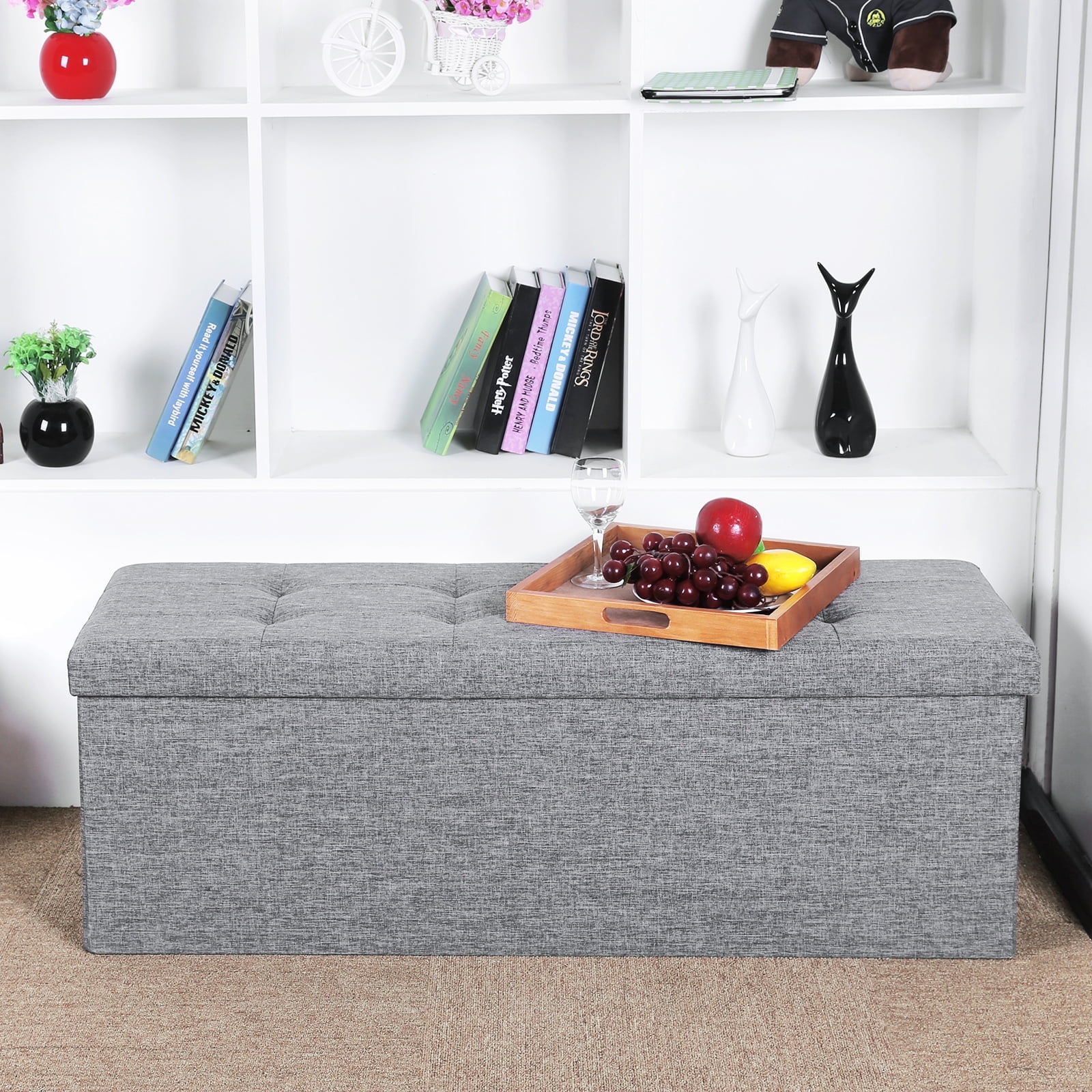"SONGMICS 43"" Folding Storage Ottoman Bench, Fabric Footstool, End Bed ...