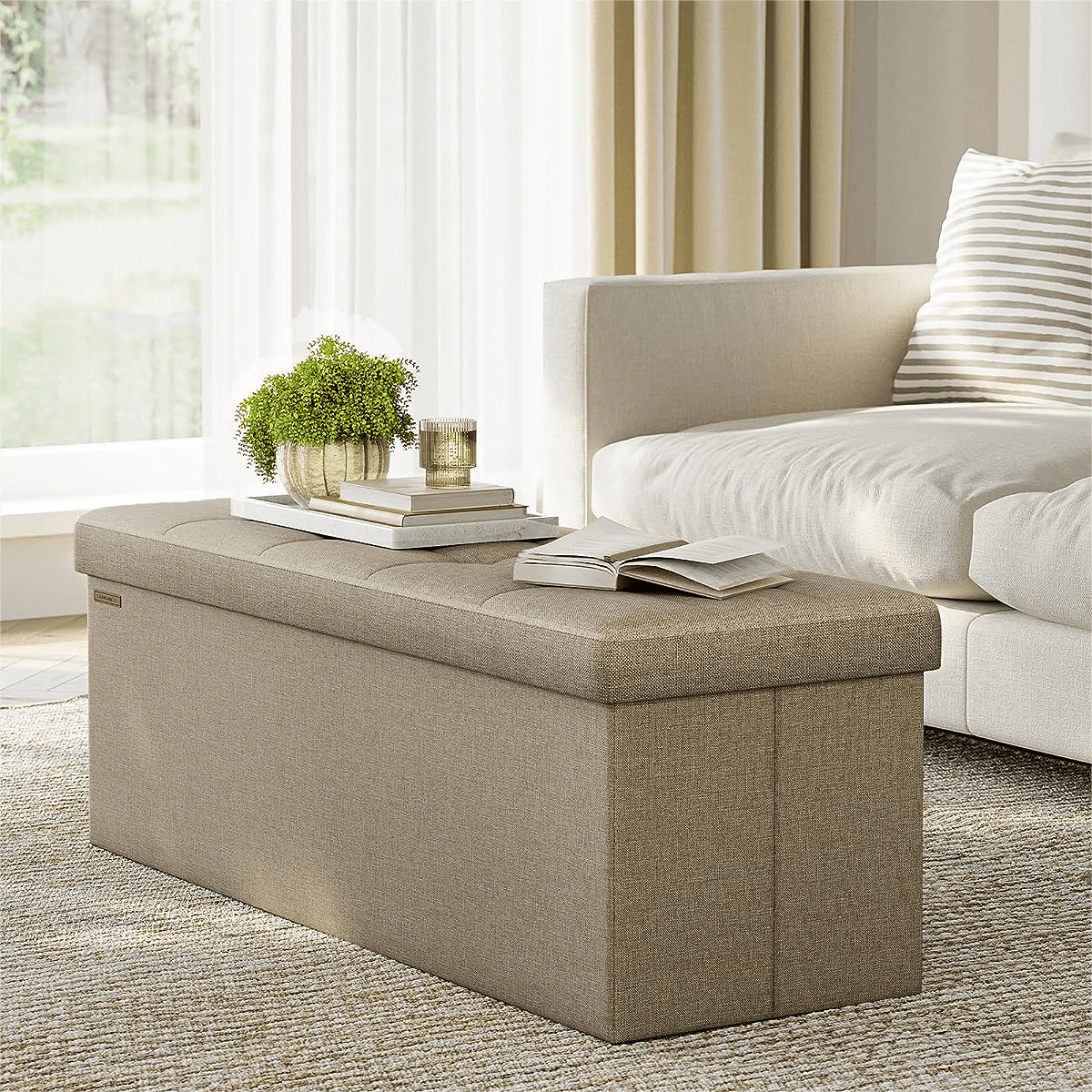 "SONGMICS Foldable Large Storage Ottoman Bench, Fabric Seat Furniture ...