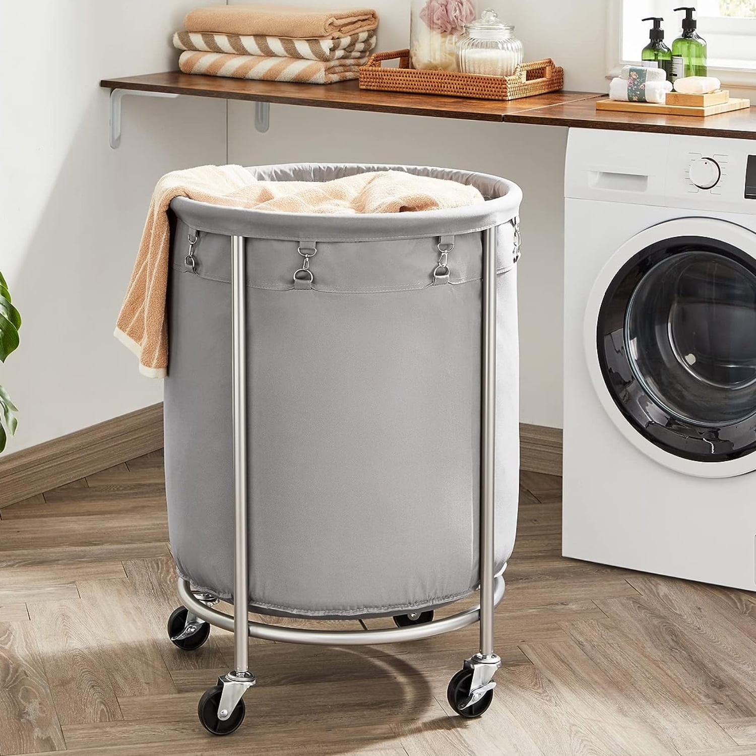 SONGMICS Heavy Duty 45Gal Round Laundry Basket with Wheels, Removable ...