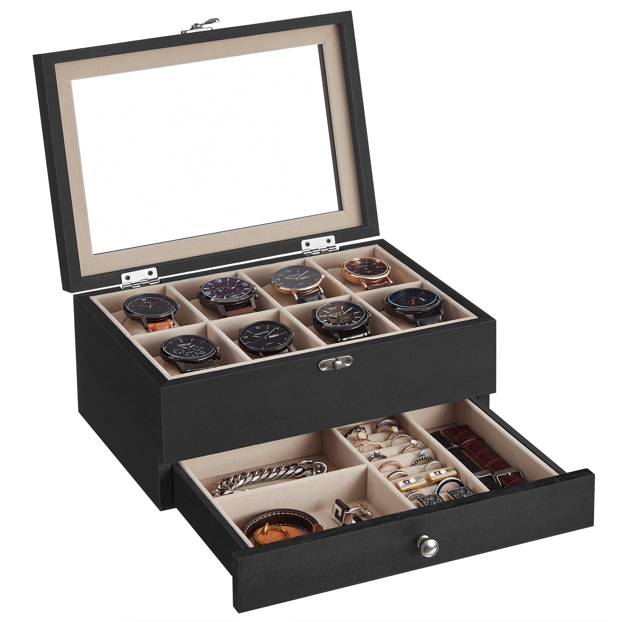 8-Slot Watch Box, 2-Tier Watch Display Case with Large Glass Lid ...