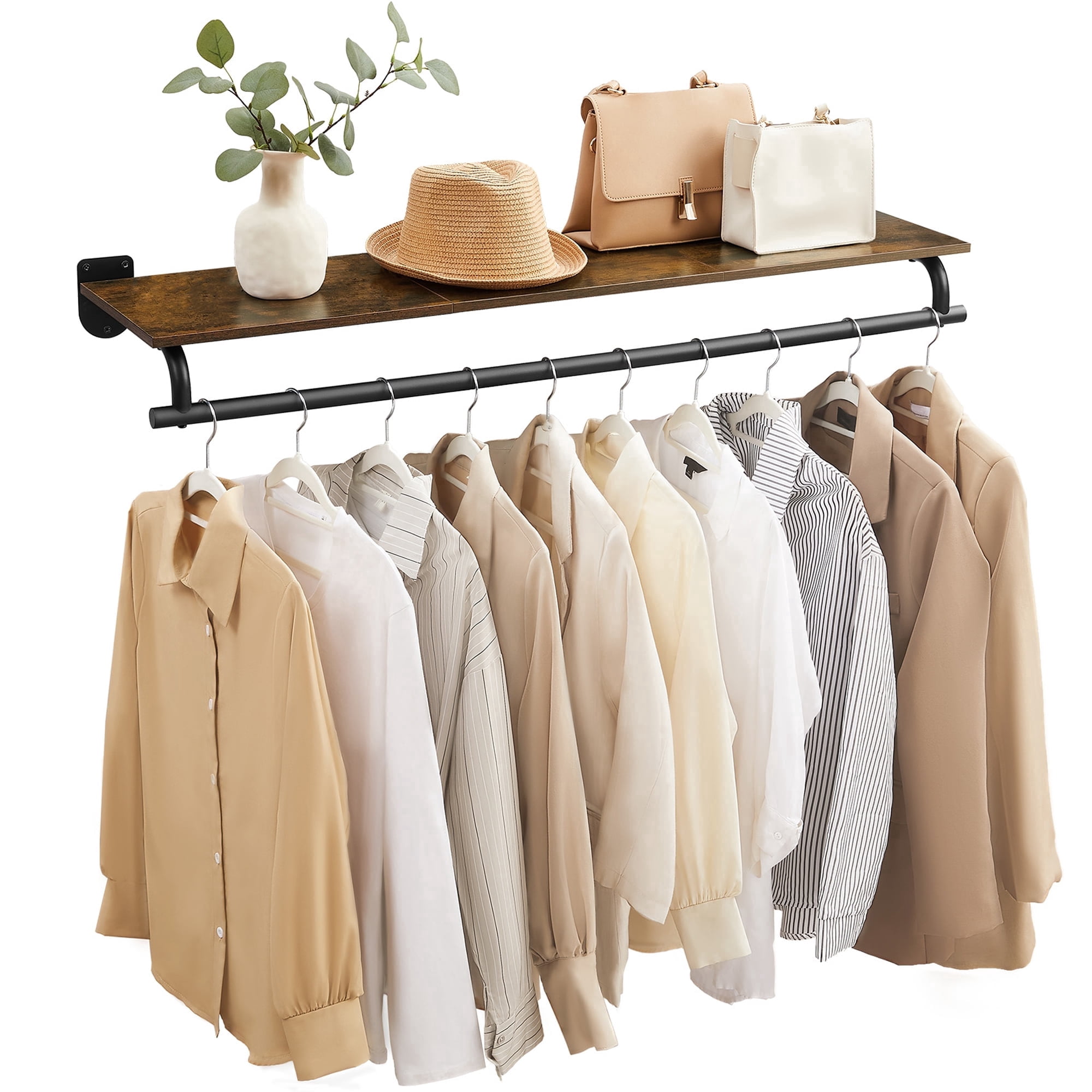 SONGMICS Clothes Rack with Top Shelf, Wall Mounted Clothing Rack, with ...