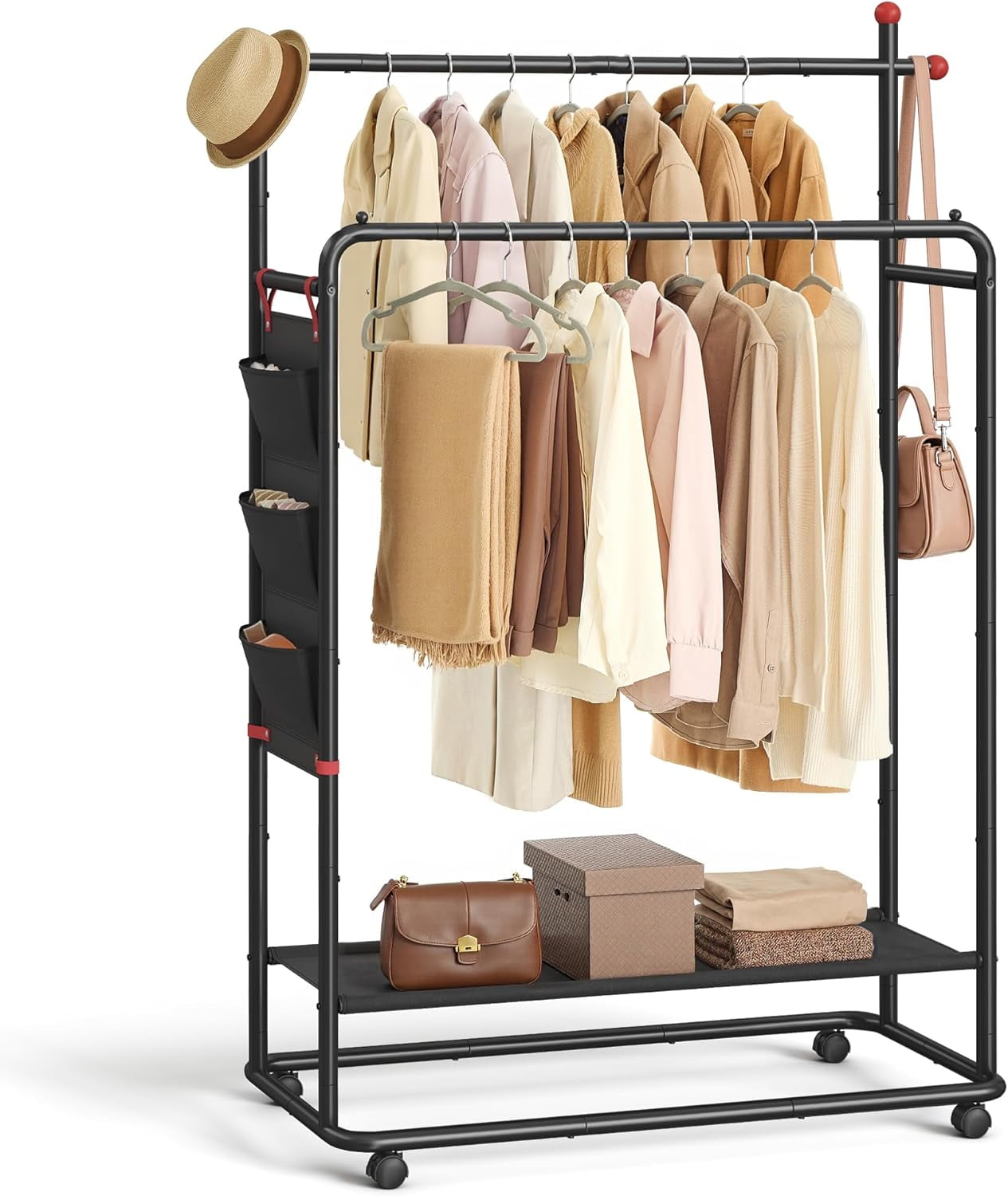 SONGMICS HOME Double-Rod Clothes Rack, Clothing Rack on Wheels ...