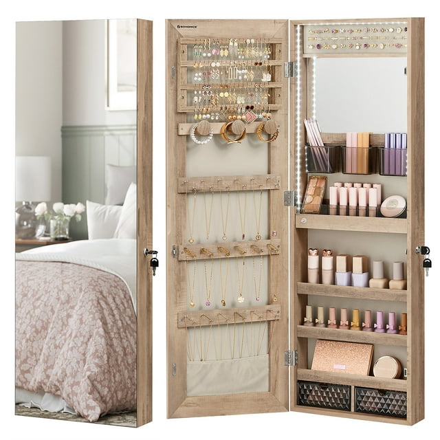 SONGMICS Jewelry Cabinet Armoire Organizer with LED Lights Wall-Mounted ...