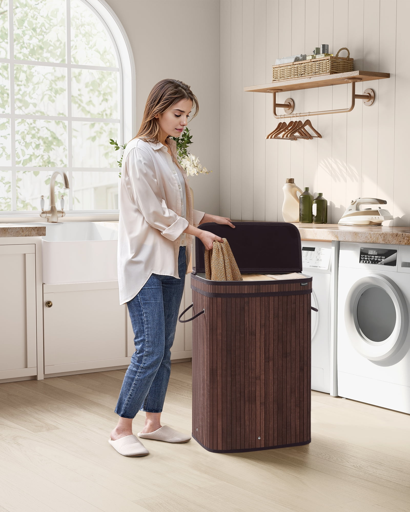 72L Laundry Hamper with Lid Bamboo Laundry Basket Removable Machine ...