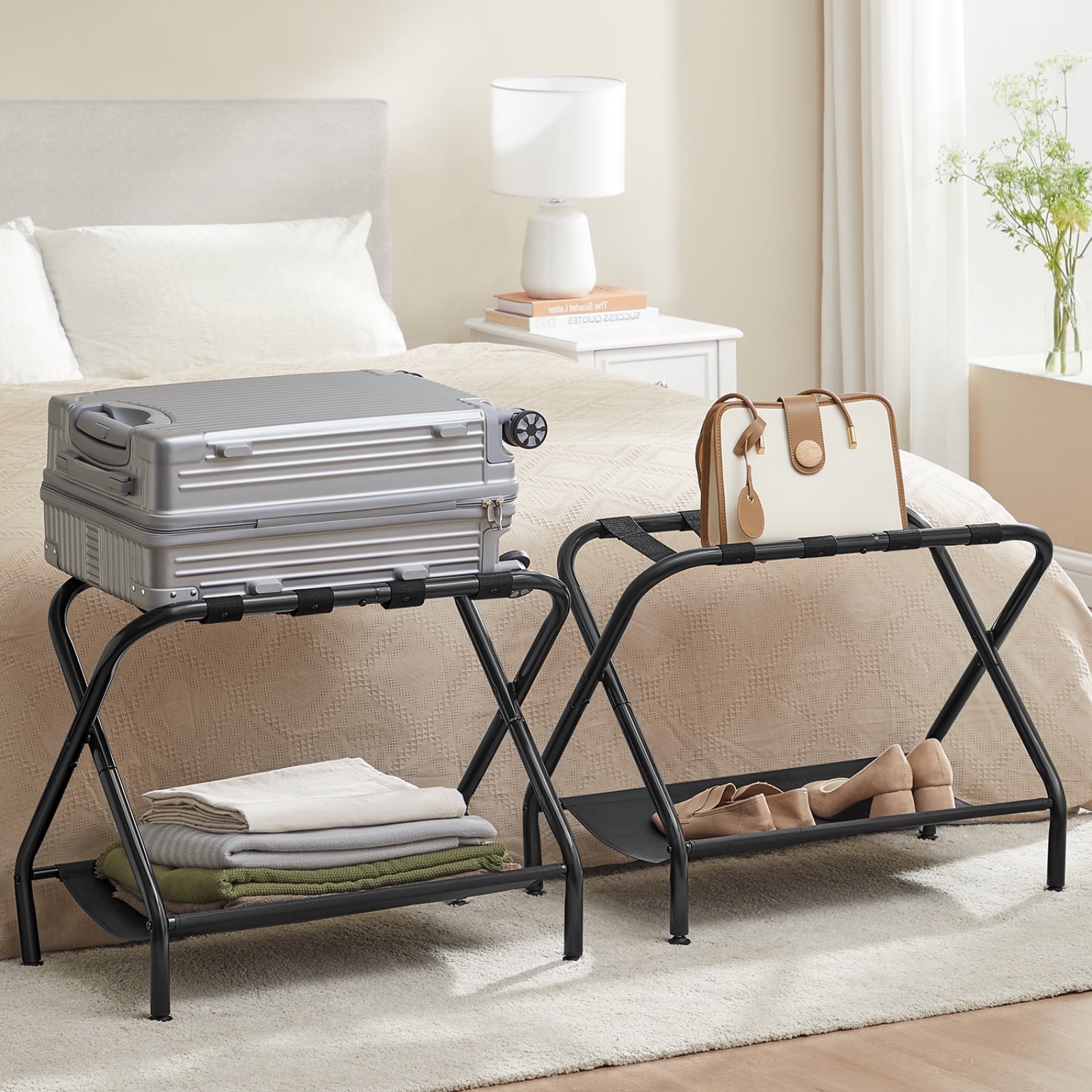 Songmics Folding Luggage Rack Set, 2-Tier Storage Shelves, Steel, Black ...