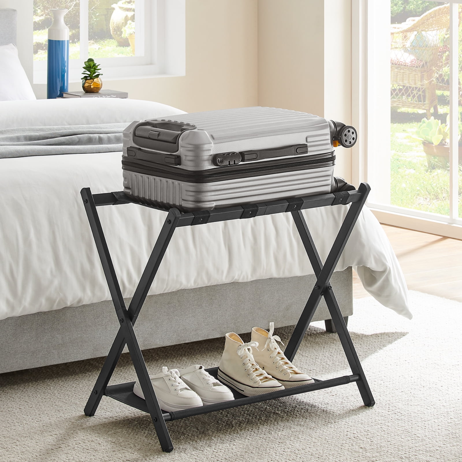 Costway Folding Luggage Rack with Shelf Travel Suitcase Shoe Storage ...