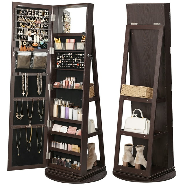 SONGMICS Lockable Mirror Jewelry Cabinet, 360° Rotating Armoire, Full ...