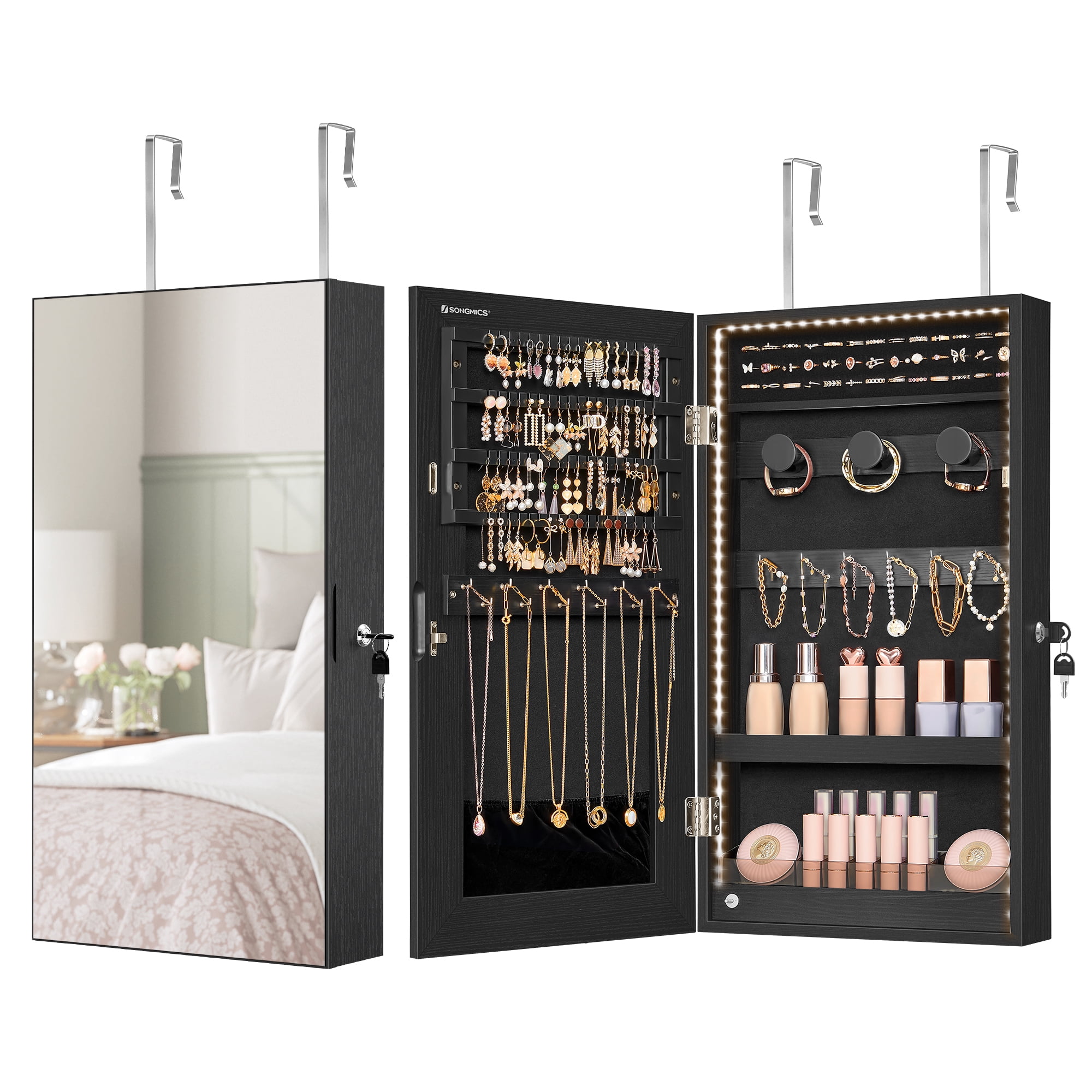 SONGMICS Mirror Jewelry Cabinet Armoire with Built-in LED Lights Wall ...