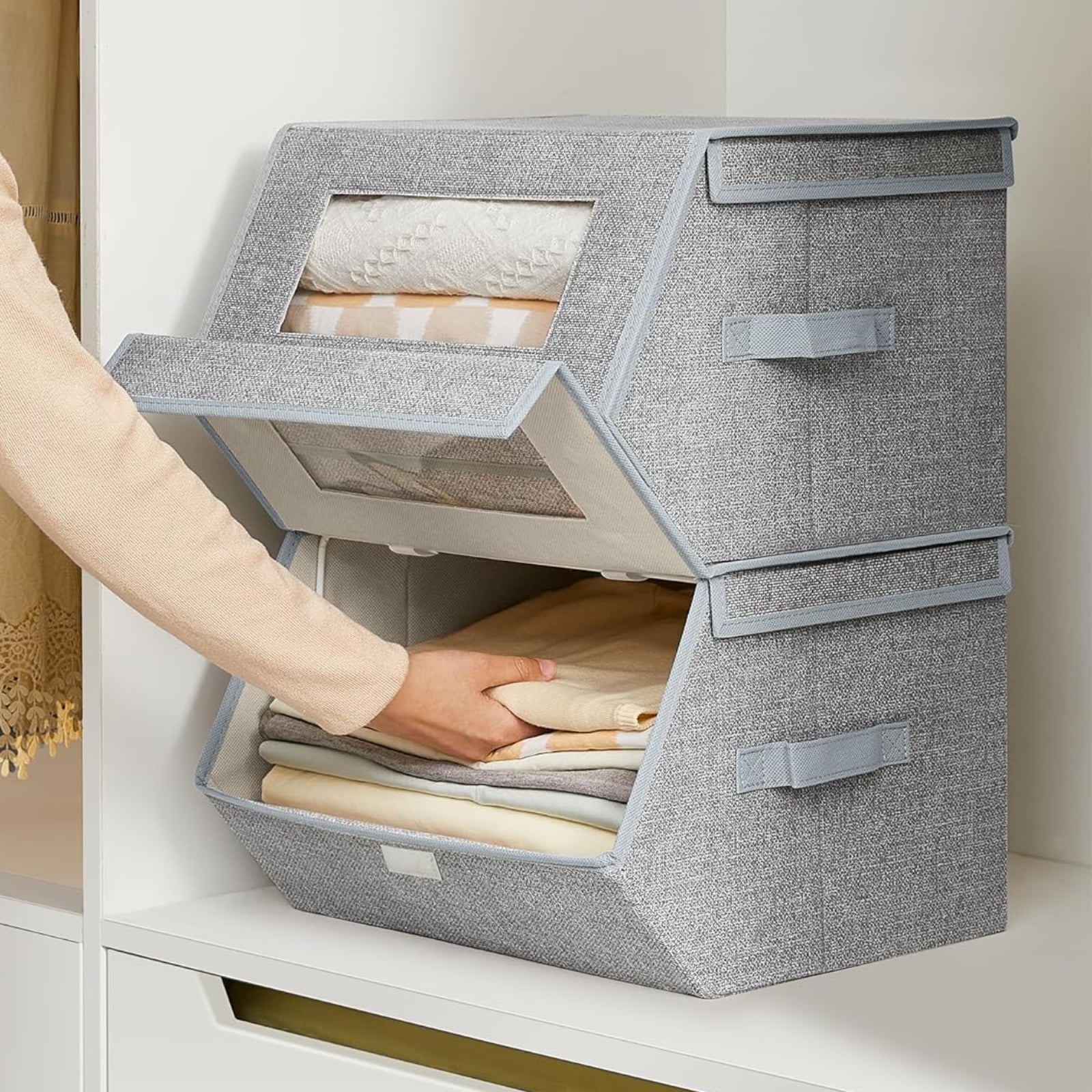 SONGMICS 2-Pack, Dove Gray Stackable Storage Bins w/ Lids and Windows ...