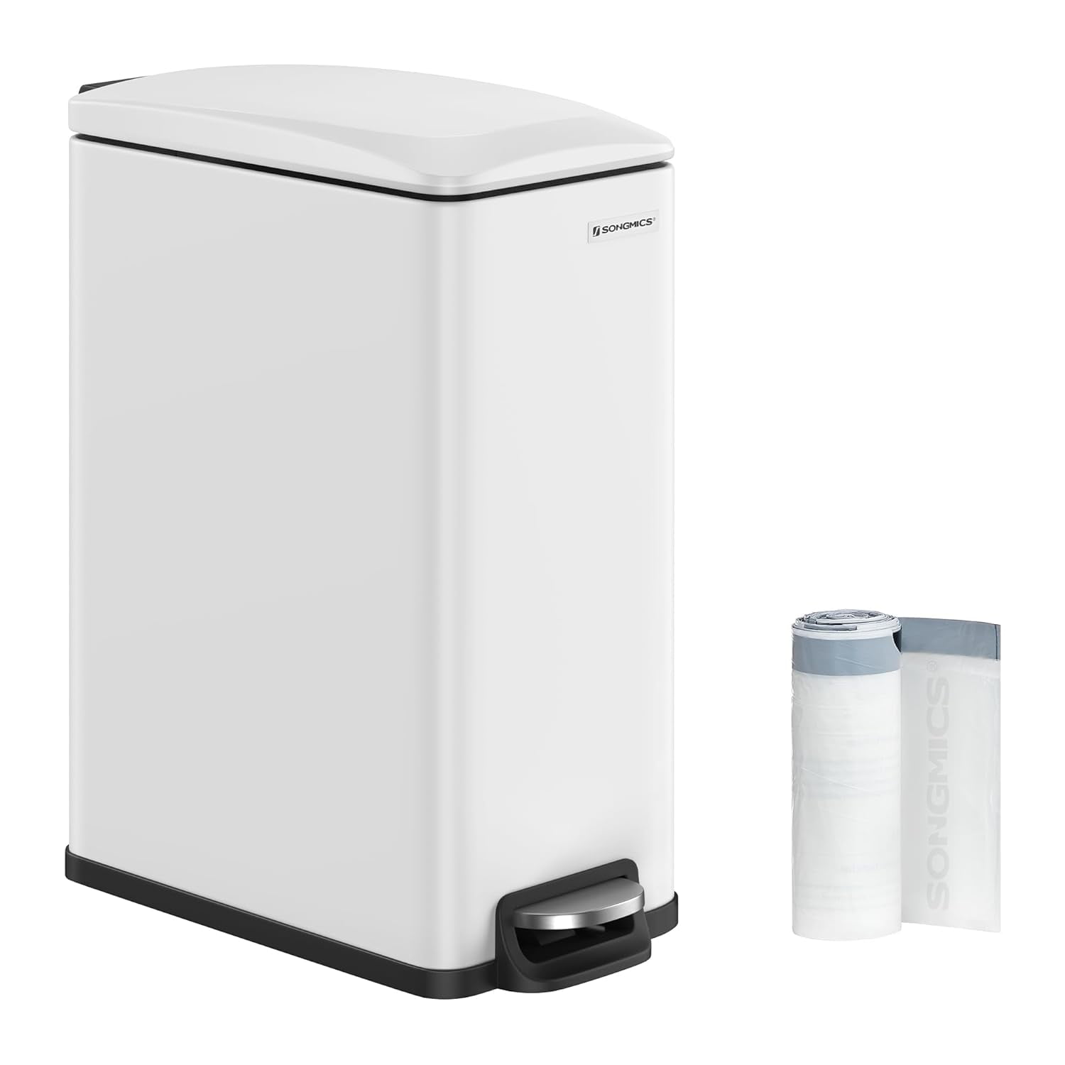 Slim Trash Can, 12.7 Gallon, Soft-Close Lid, White, Stainless Steel ...