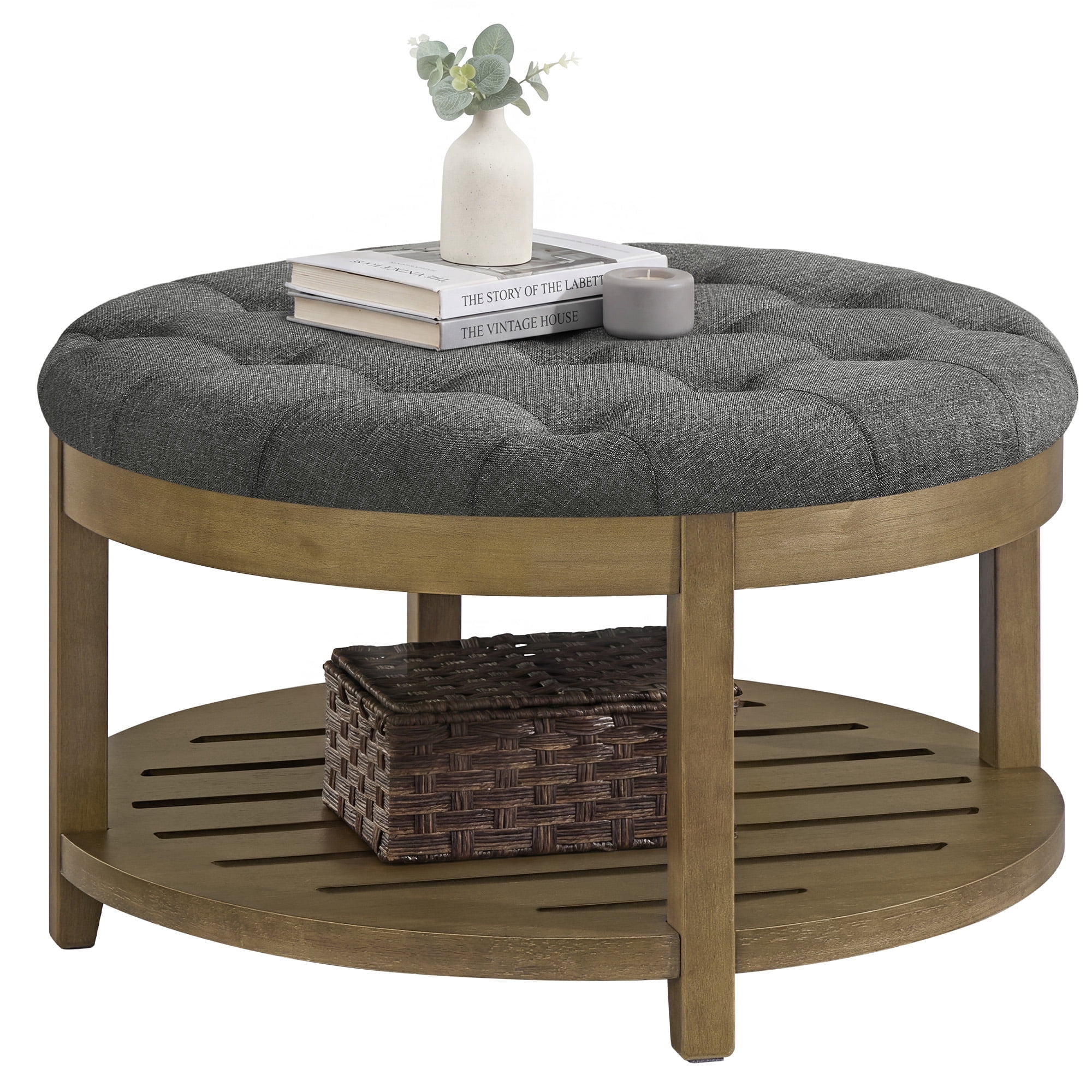 SONGMICS Storage Ottoman with Solid Wood Frame, Round Upholstered ...