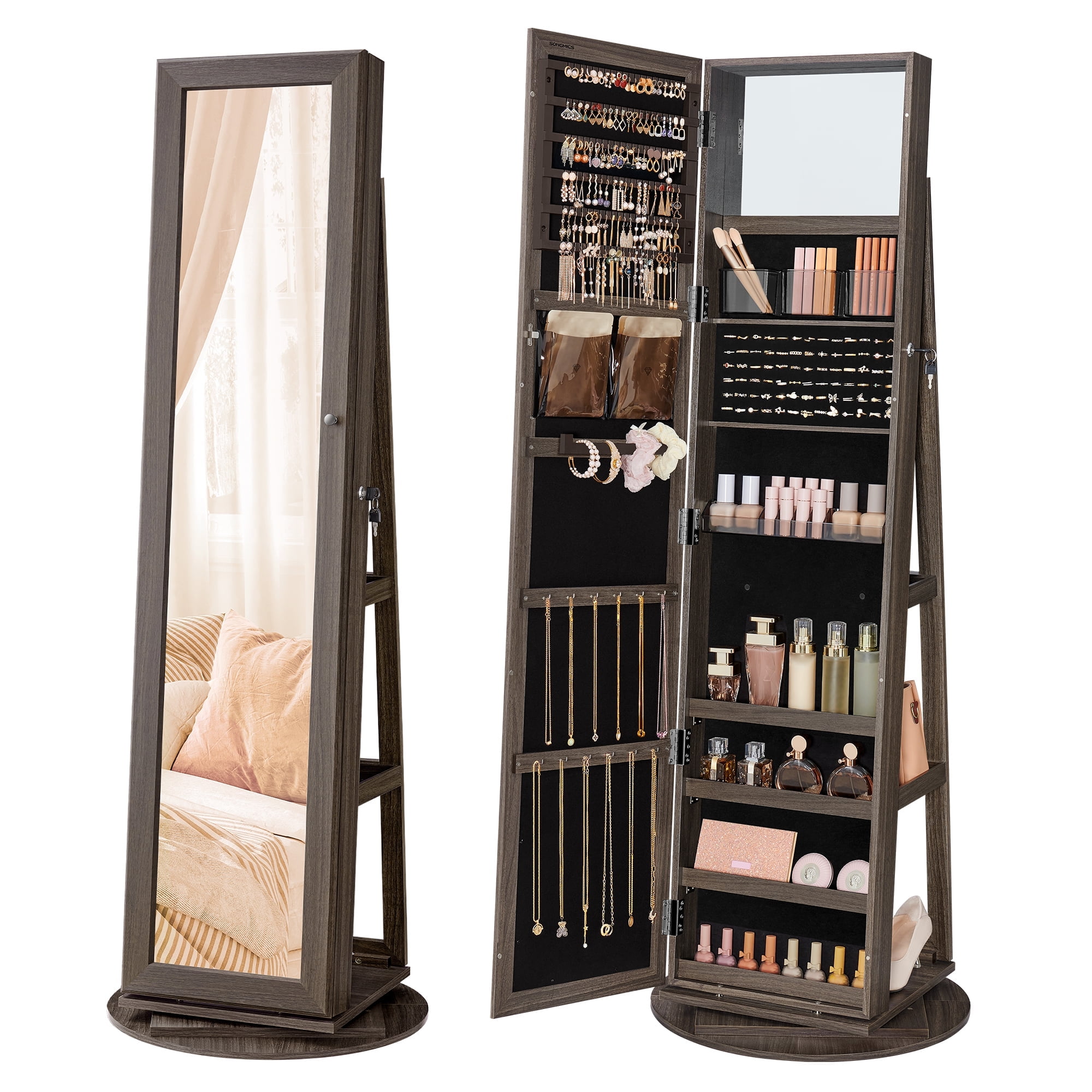 SONGMICS Mirror Jewelry Cabinet 360° Rotating Jewelry Armoire Storage ...