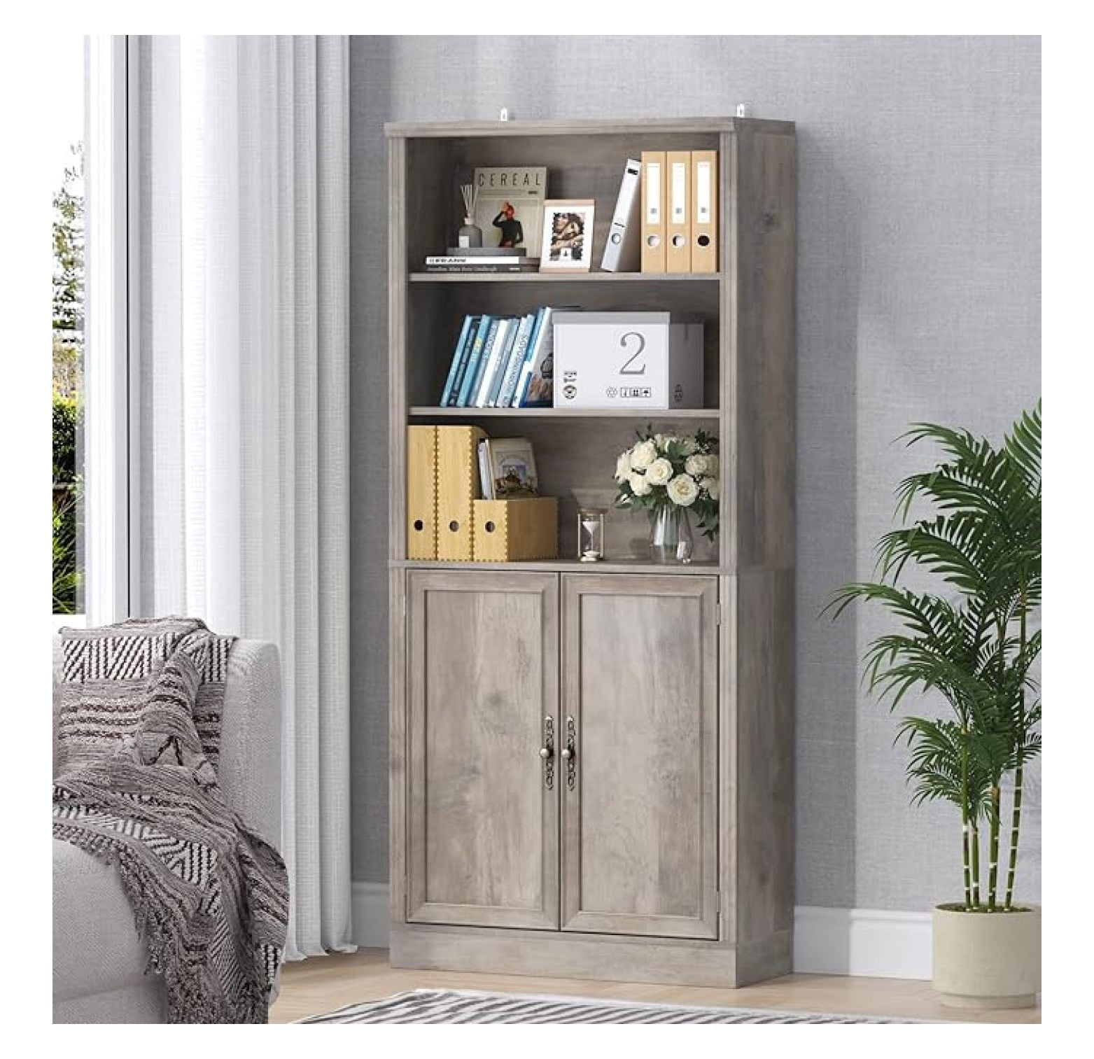 SONGMY 72'' Tall Bookcase with Doors, Adjustable Shelves, P2 MDF ...