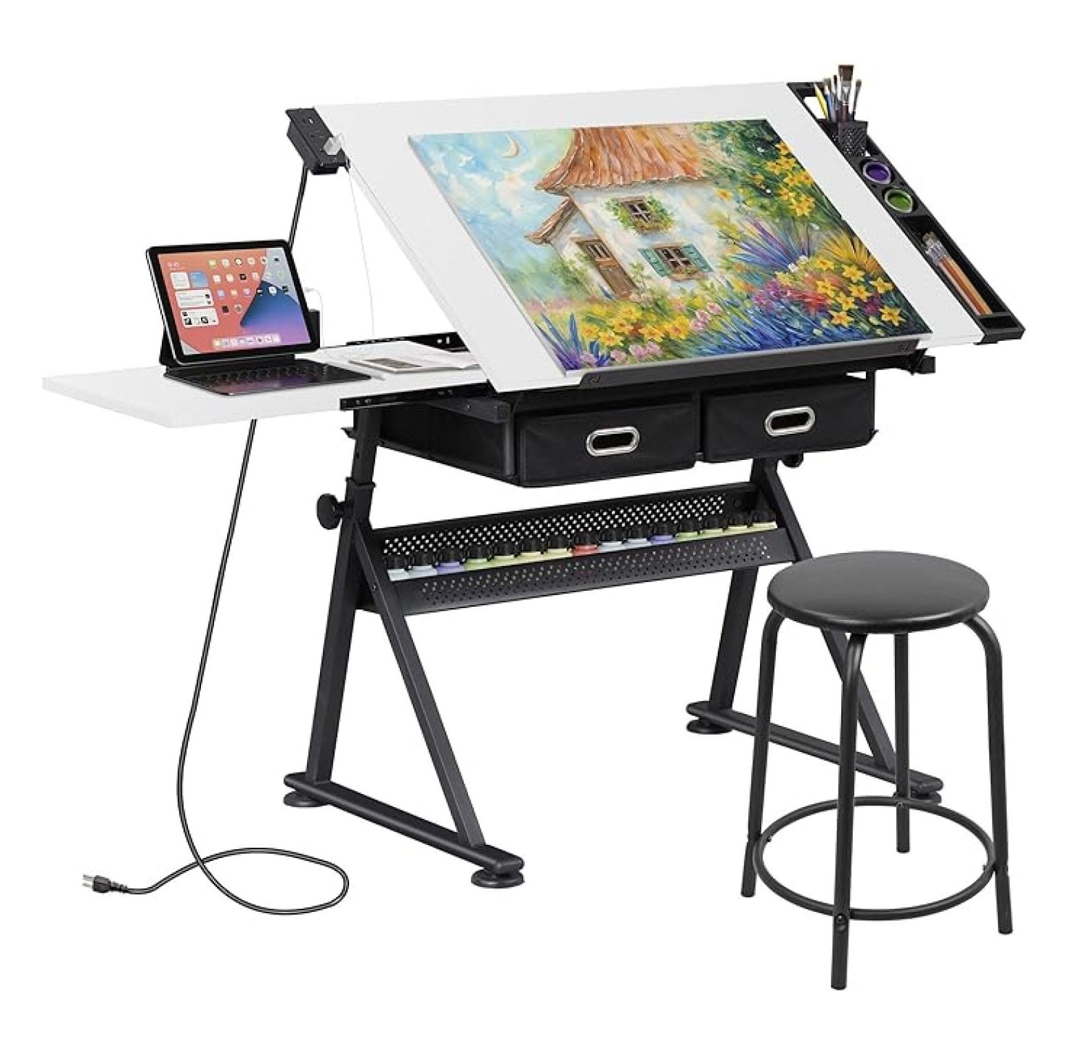 SONGMY Adjustable Drafting Table with Stool & Outlet - Tilting Drawing ...