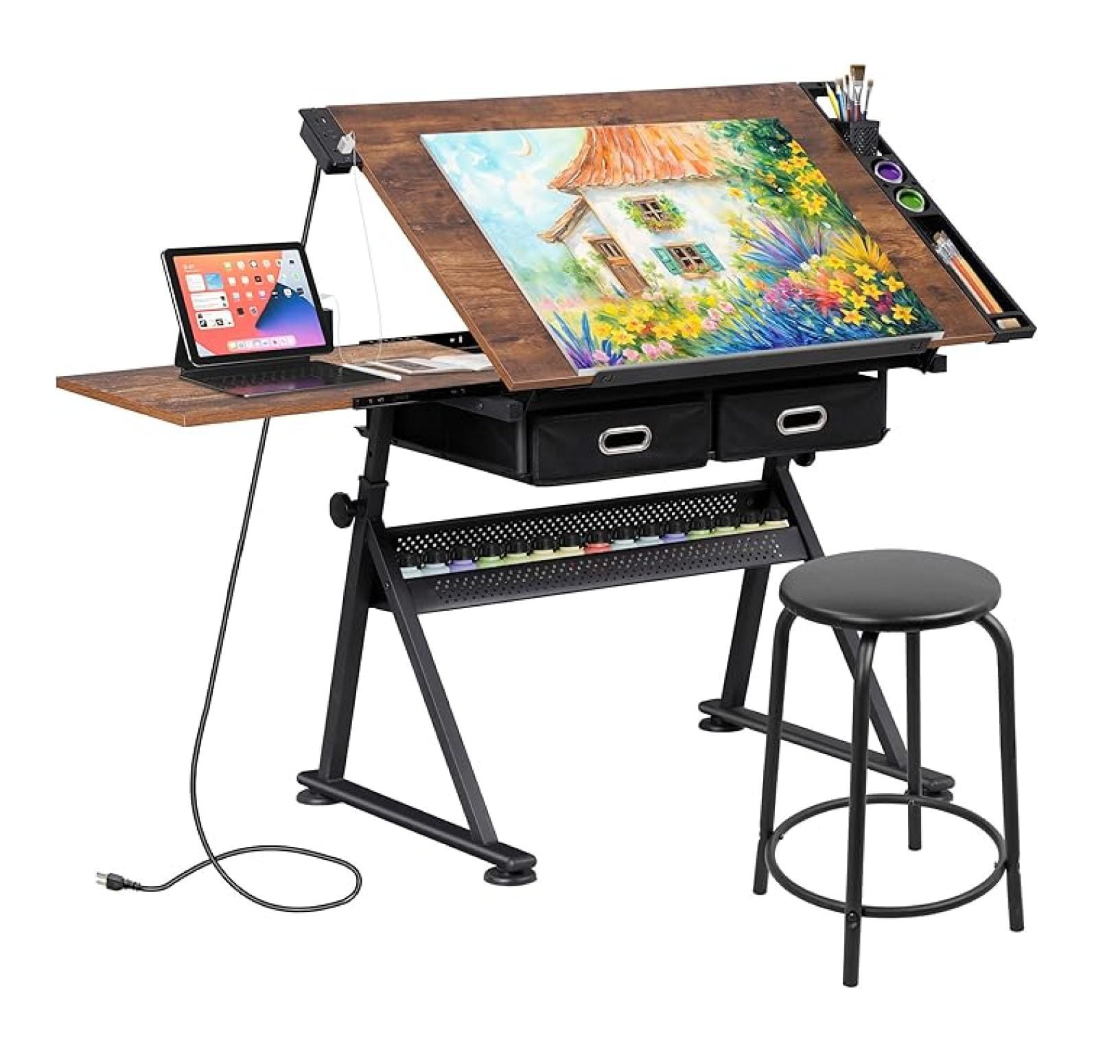 SONGMY Adjustable Drafting Table with Stool Set - Tilting Drawing Desk ...