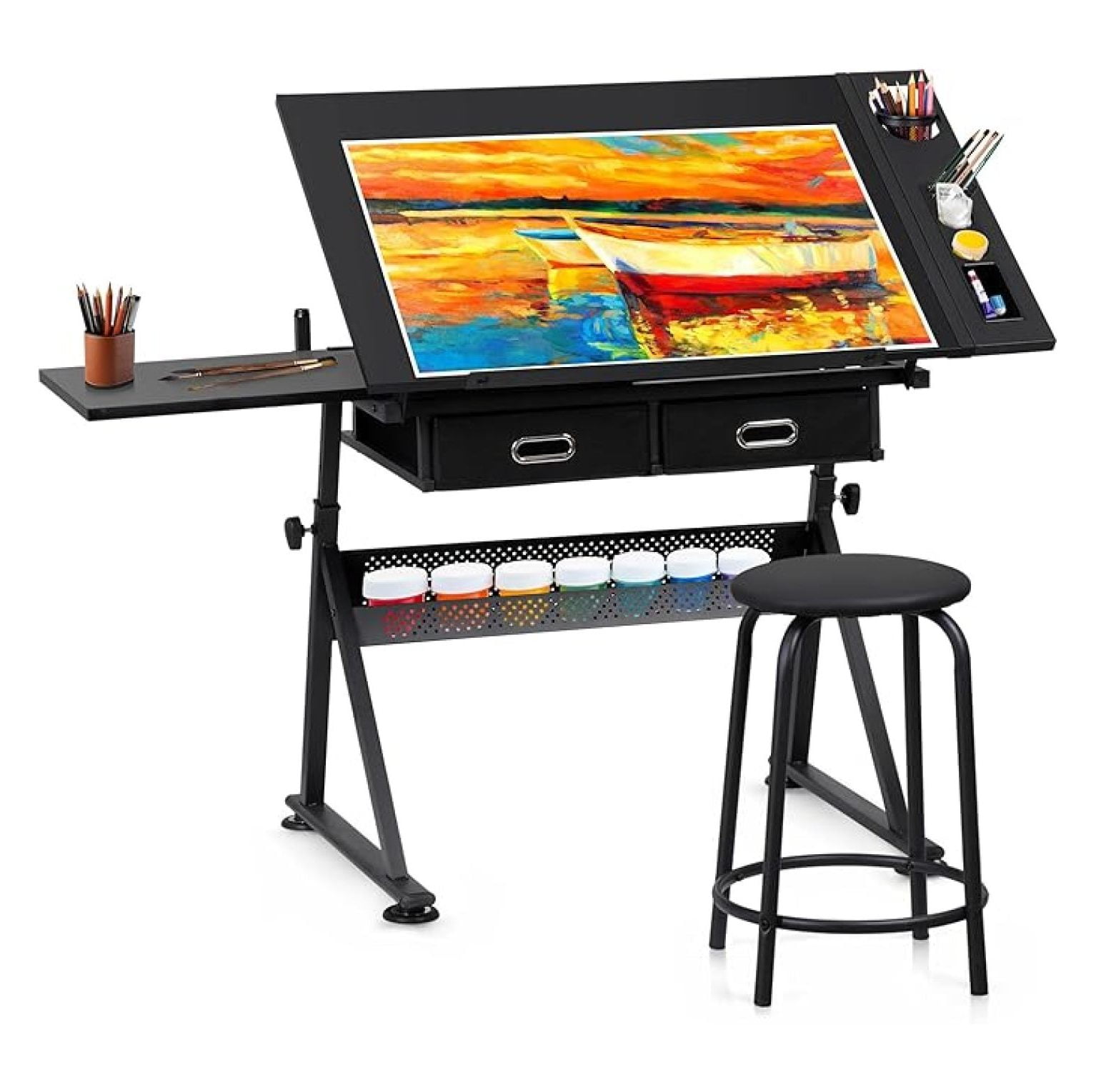 SONGMY Adjustable Drafting Table with Stool - Tilting Drawing Desk ...