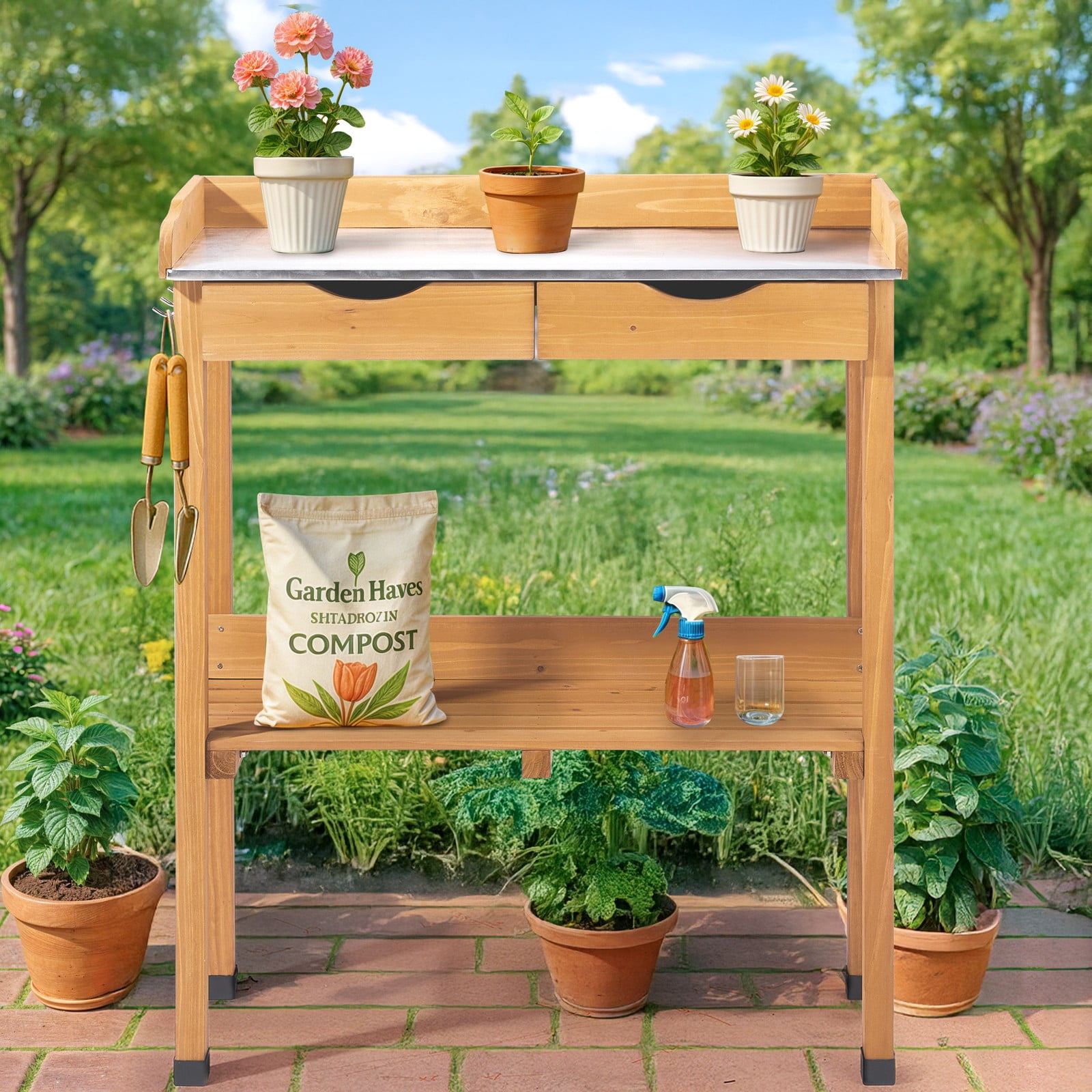 SONGMY Outdoor Potting Bench with Storage, Wooden Workstation Garden ...