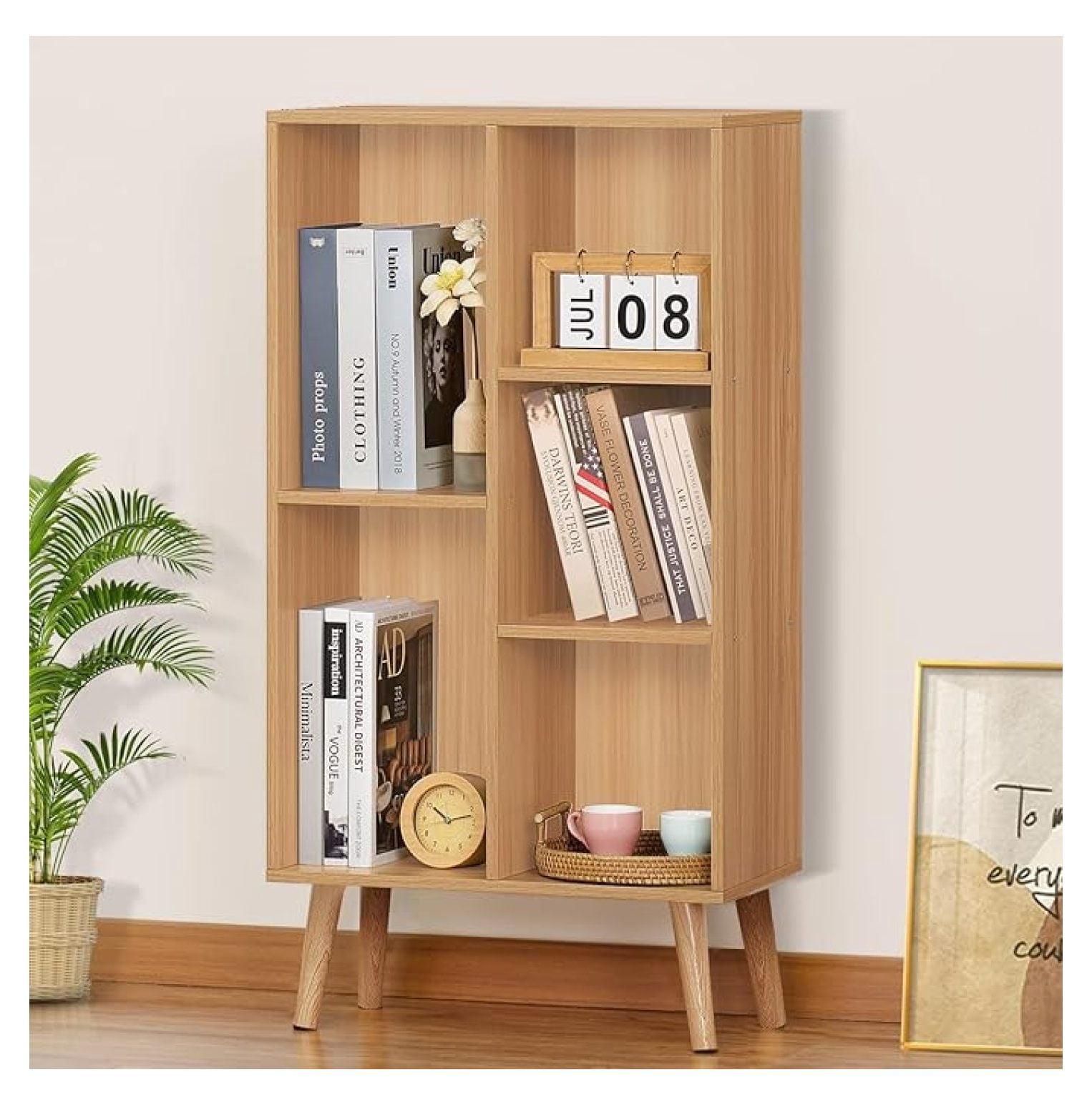 SONGMY Wooden 5 Cube Bookshelf, Natural 3 Tier Book Shelf with Legs ...