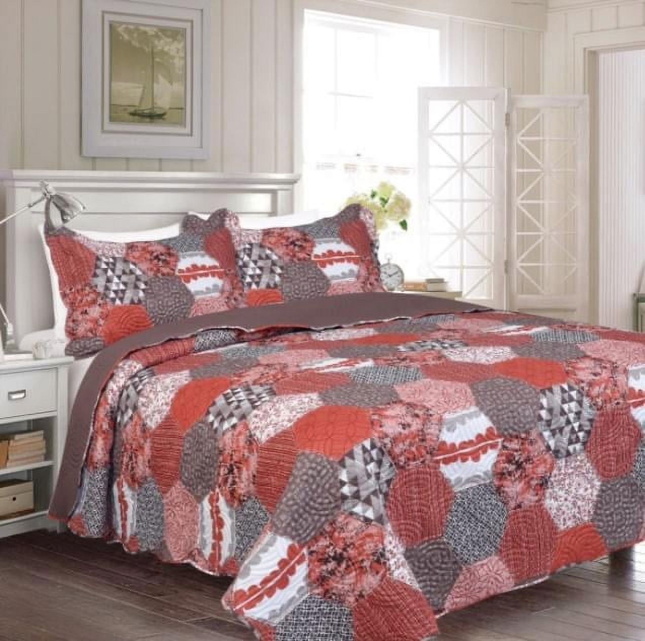 SH Sonic Rhombuses Brick Color Reversible Bedspread Set, 3 Pieces ...