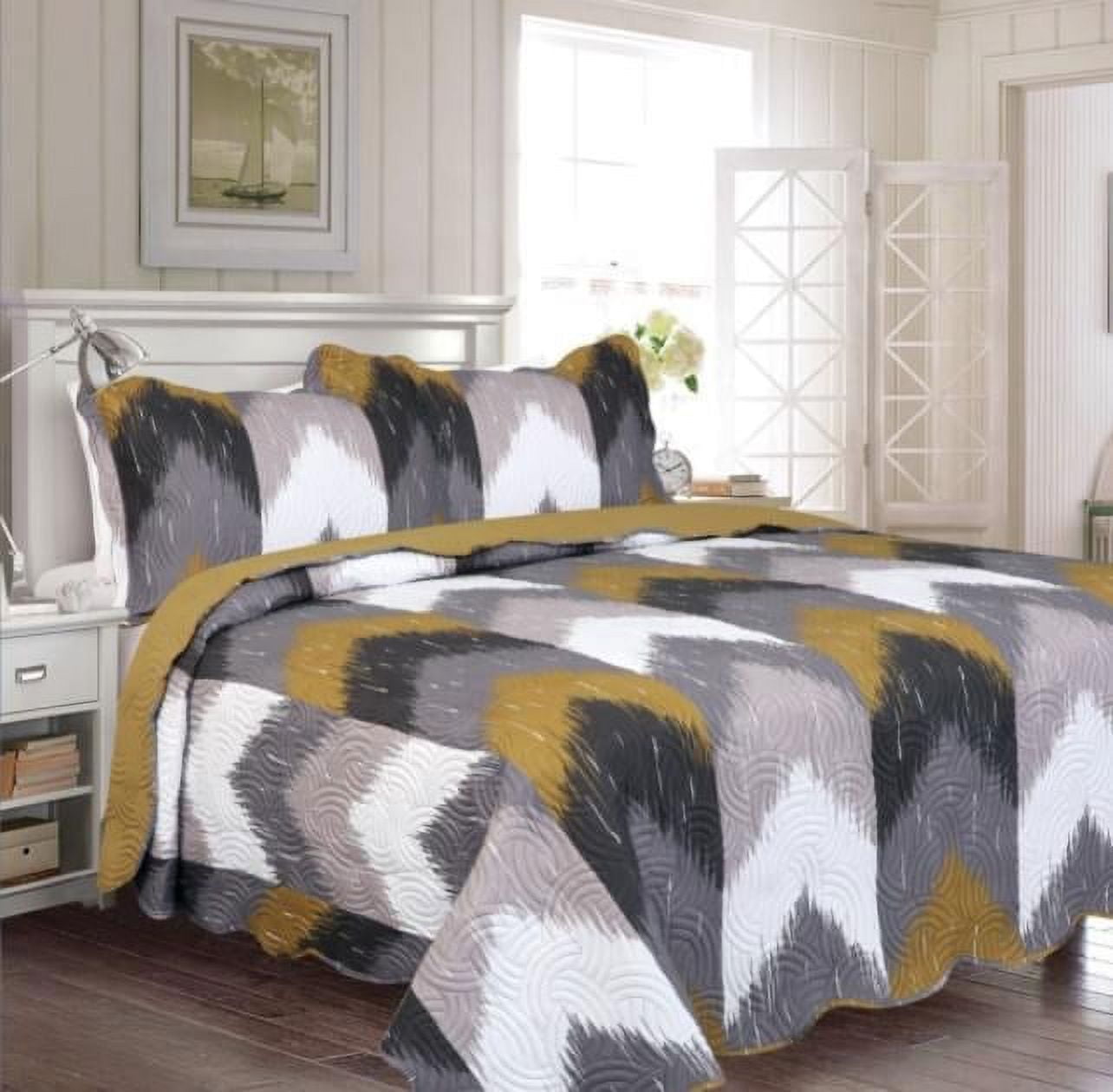 SONIC ZIG ZAG GEOMETRIC MUSTARD COLOR REVERSIBLE BEDSPREAD QUILTED SET ...