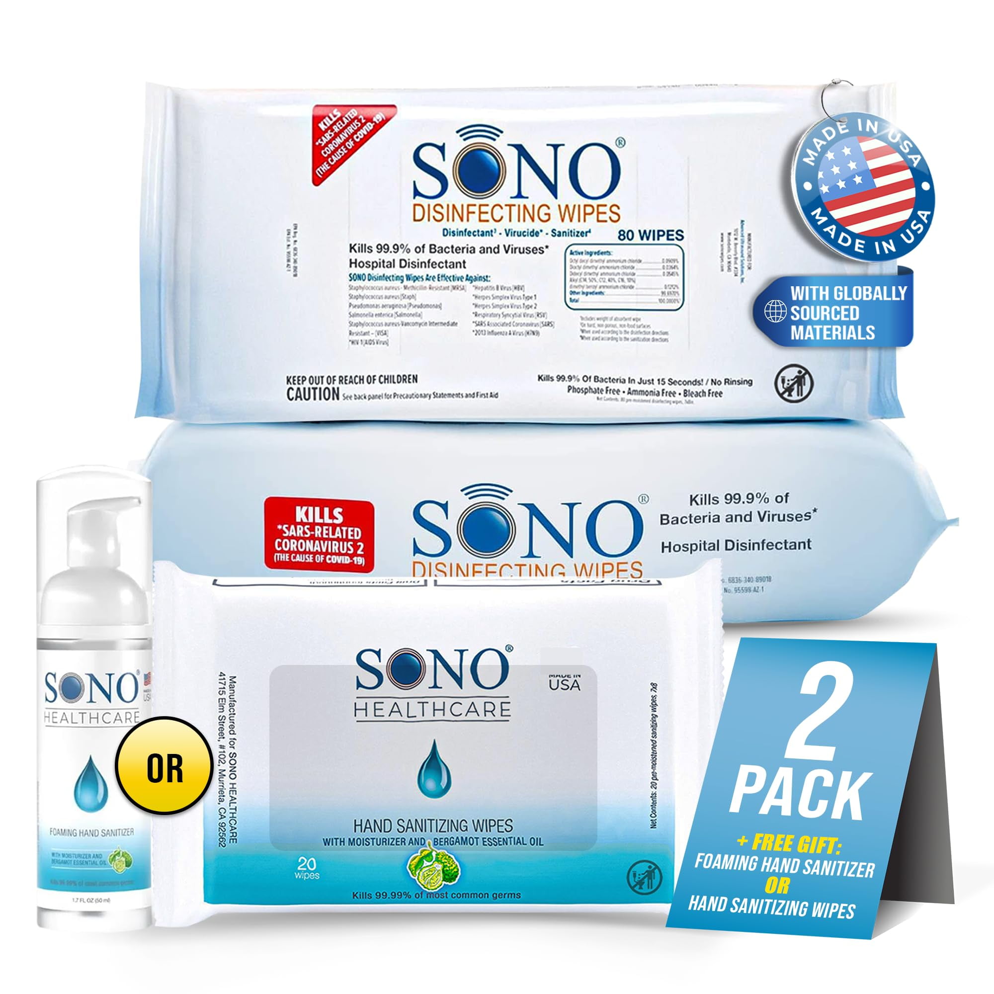 SONO Disinfecting Wipes - 160 Count (Pack of 2) + Sanitizer, Medical ...