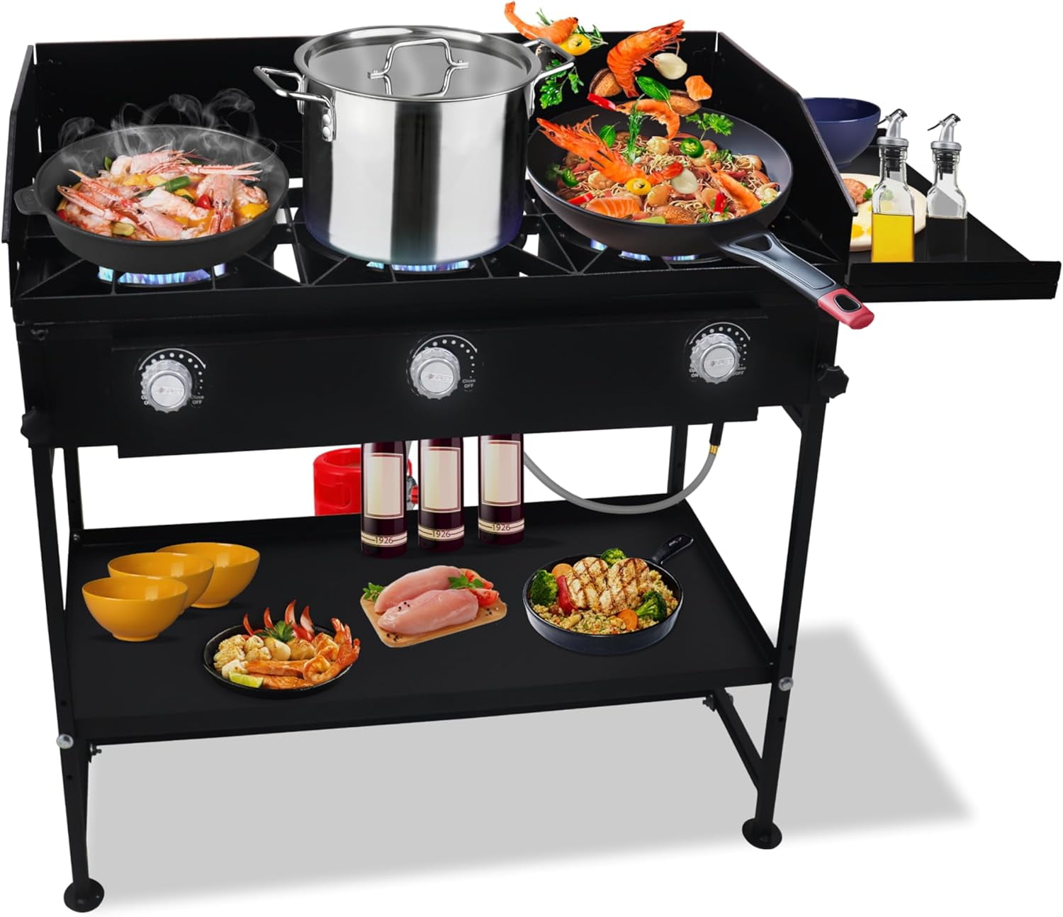 SONRET - Three Burner Propane Camping Stove - with Side & Bottom Shelf ...