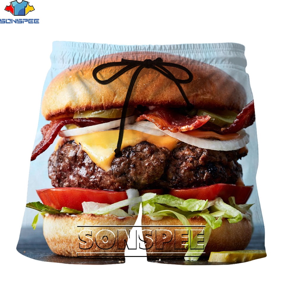 SONSPEE 3D Print Cheese Hamburger Men's Casual Shorts Funny Summer ...