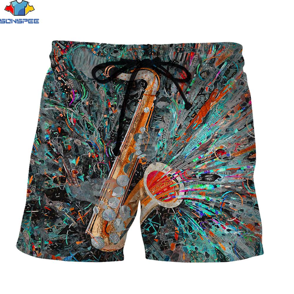 SONSPEE 3D Print Graffiti Style Saxoph Men's Shorts Metal Line Retro ...
