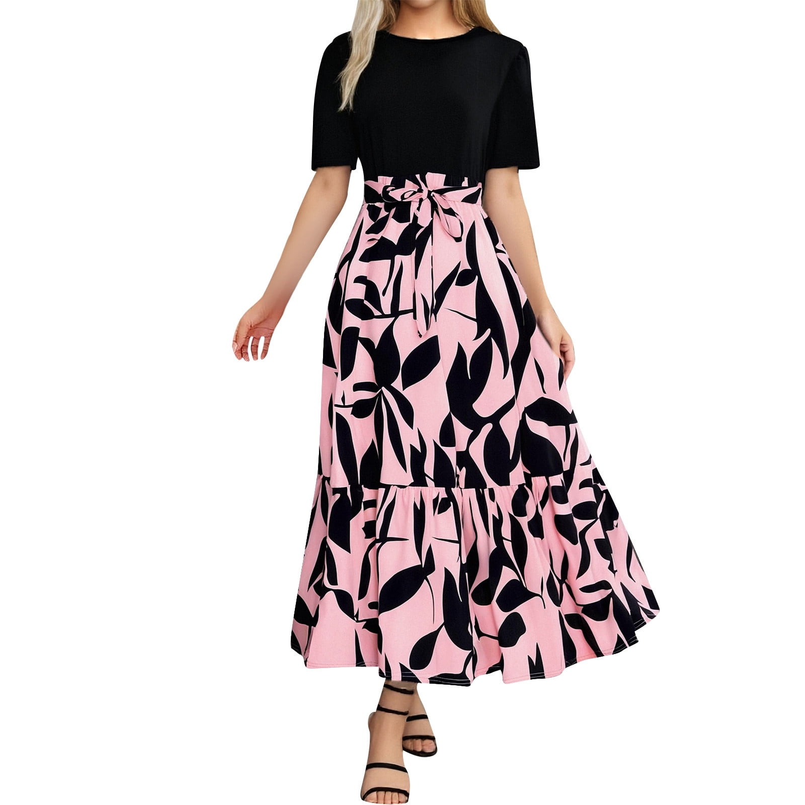 SONXAHE Belted Waist Maxi Dress for Women Crew Neck Short Sleeve Casual ...