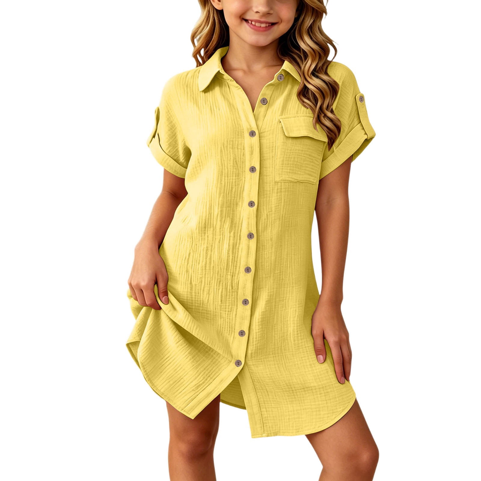 SONXAHE Button Down Dress for Tween Girl Rolled-Up Pocket Design Daily ...