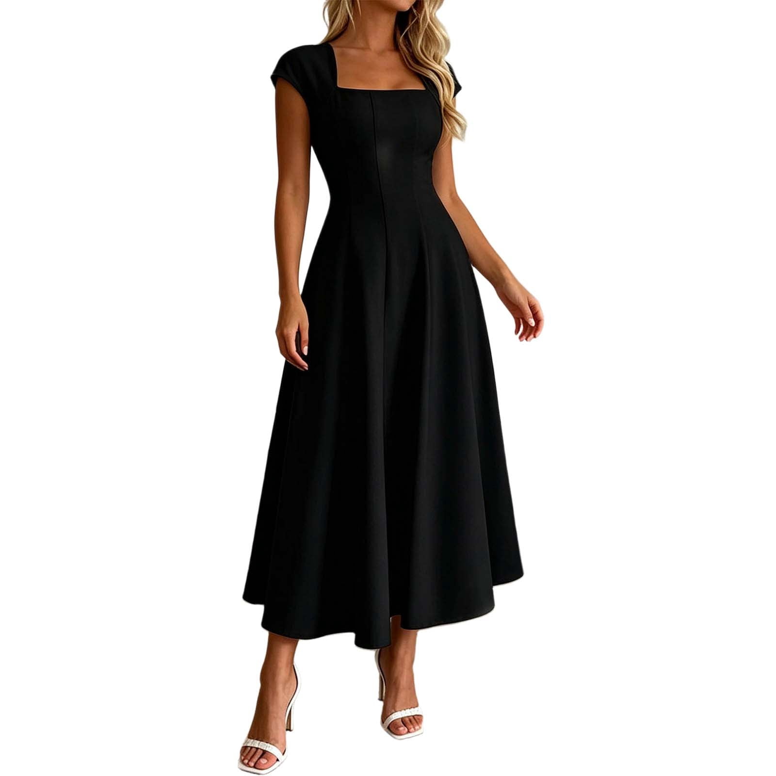 SONXAHE Cap Sleeve Seamed Midi Dress for Women Square-Neck Wedding ...