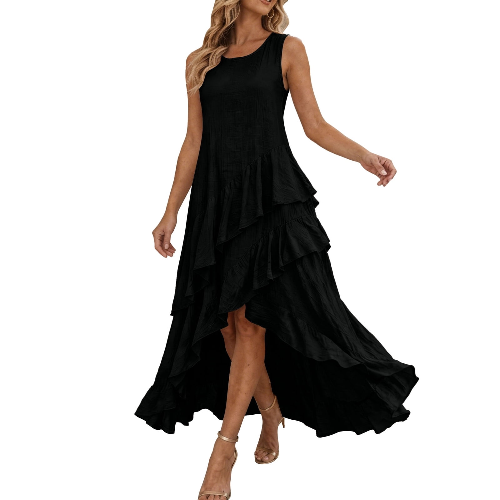 SONXAHE Women's Asymmetrical-Ruffle Maxi Dress Sleeveless Round-Neck ...
