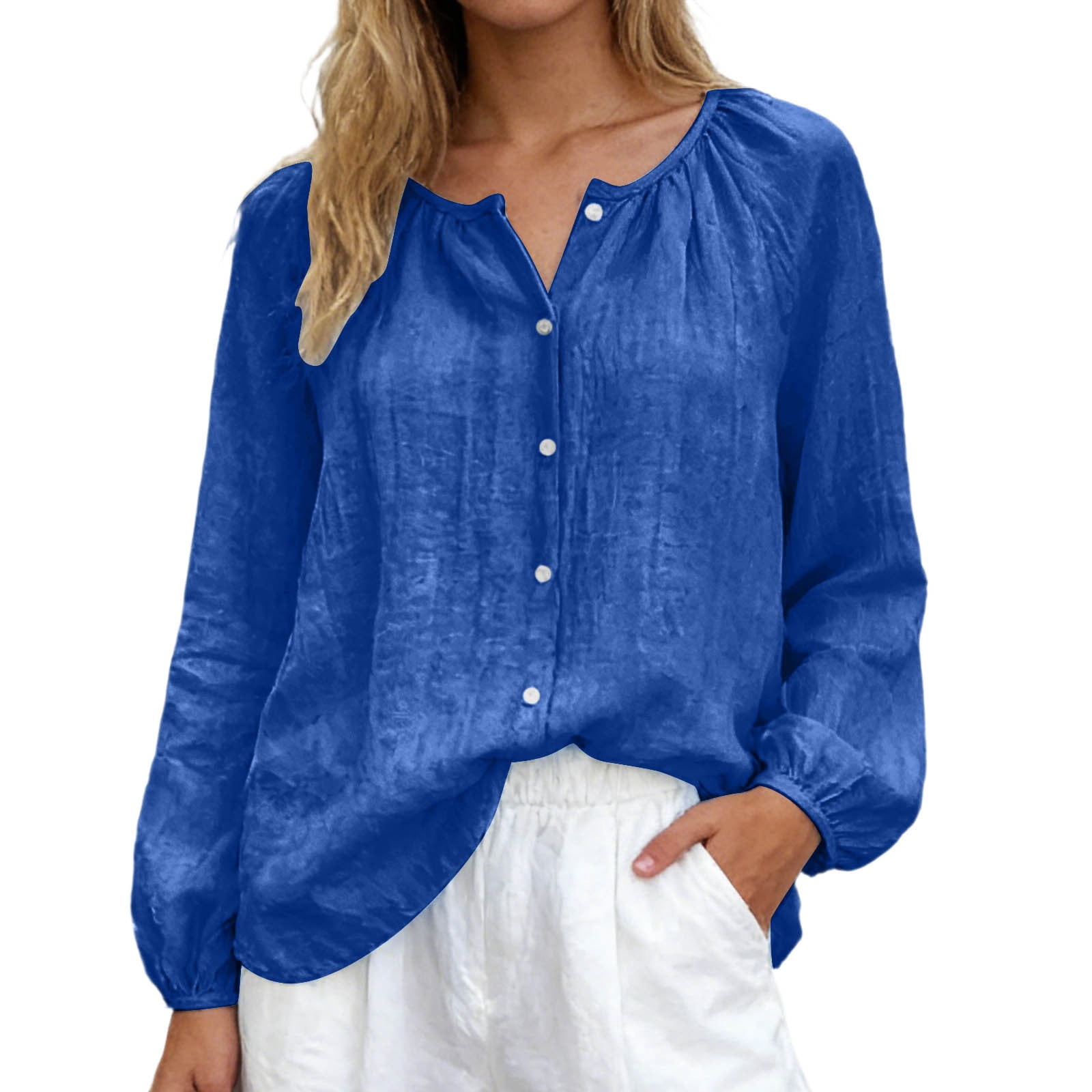 SONXAHE Women's Gathered Neck Button-front Shirt Long Sleeve Relaxed ...