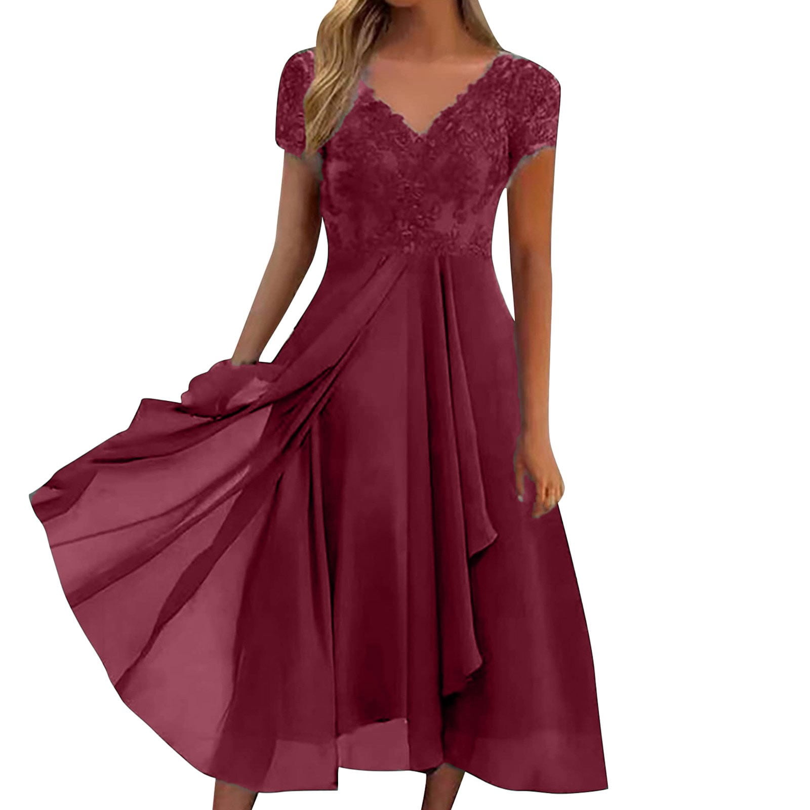 SONXAHE Women's Lace-Bodice Midi Dress Short-Sleeve Formal Party Draped ...