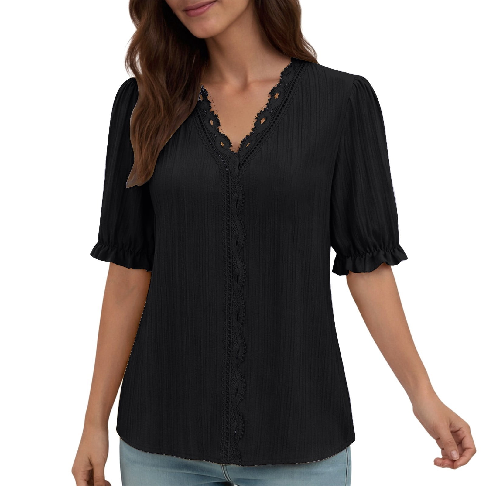 SONXAHE Women's Lace Trim V-Neck Blouse Puff Sleeve Ruffle Edge Casual ...