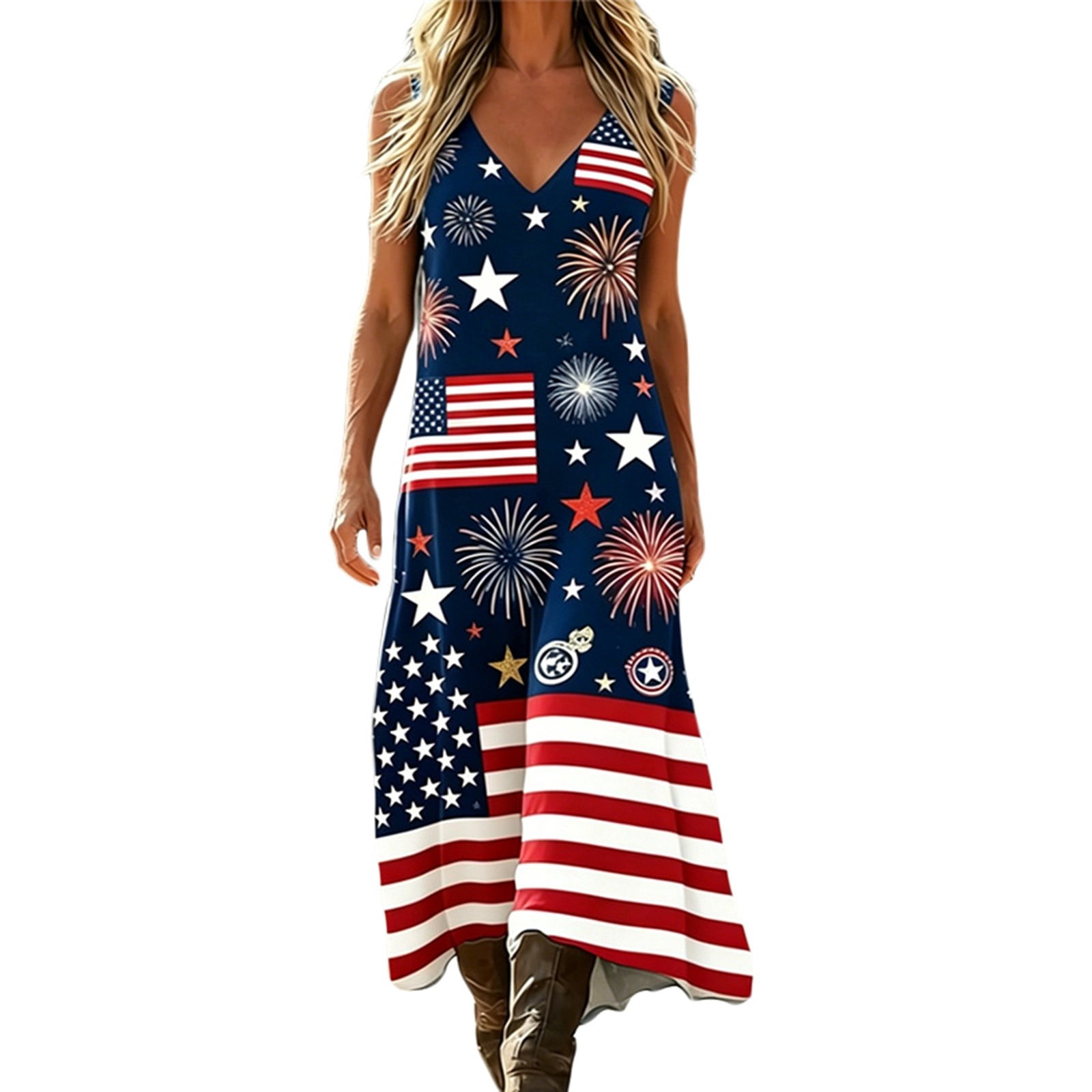 SONXAHE Women's Patriotic Sleeveless Maxi Dress V Neck Holiday Casual ...