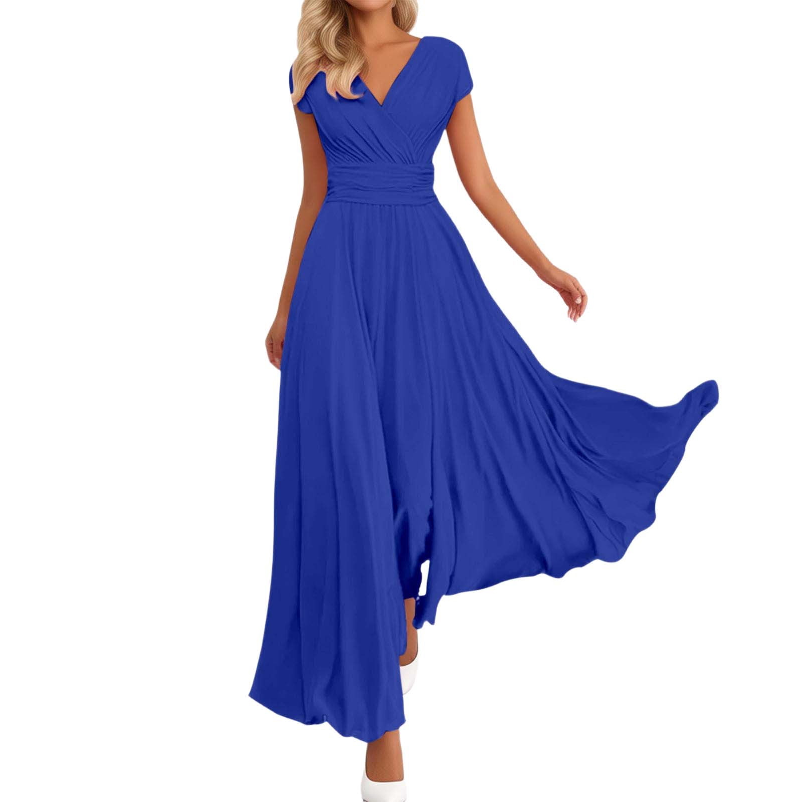 SONXAHE Women's Ruched-Waist Maxi Dress Short-Sleeve Evening Formal ...